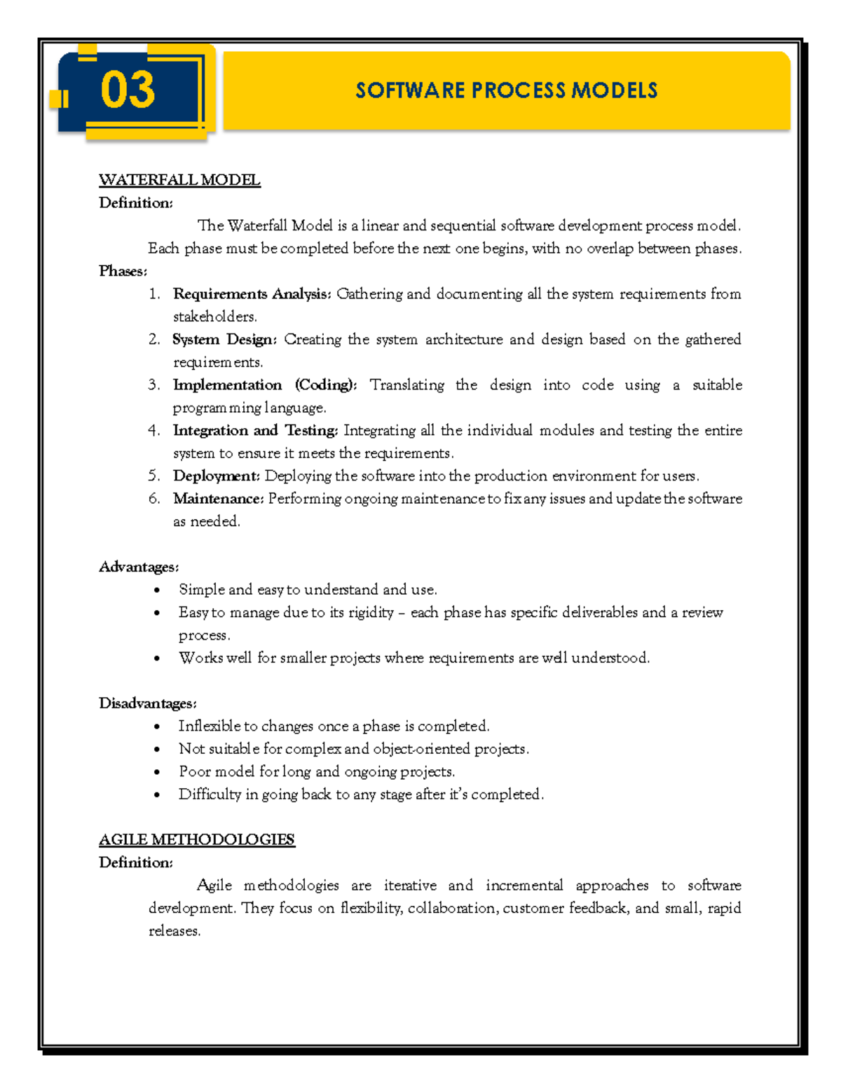 Lesson 3 - Software Process Models - WATERFALL MODEL Definition: The ...