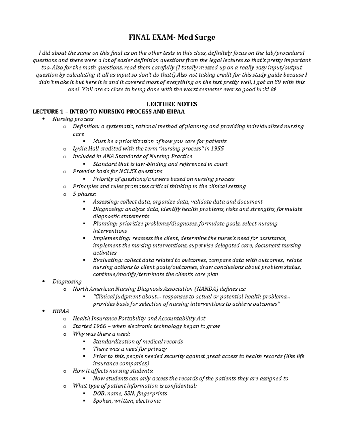 Med-Surg Final - Summary Complex Nurs Adults - FINAL EXAM- Med Surge I ...