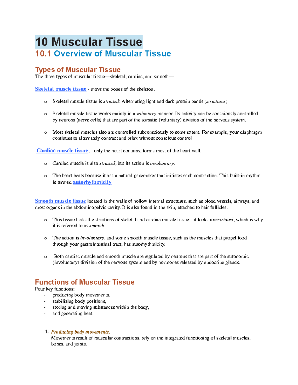 10 Muscular Tissue - From text book - 10 Muscular Tissue 10 Overview of ...