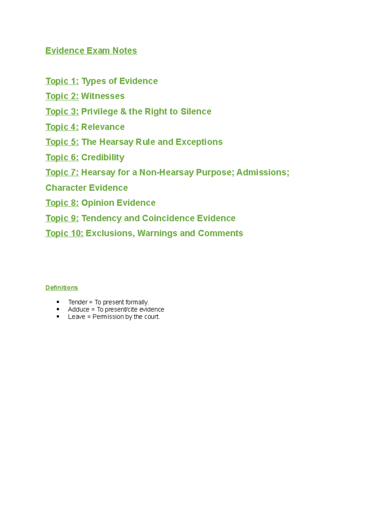 Evidence Exam Notes - Evidence Exam Notes Topic 1: Types of Evidence ...