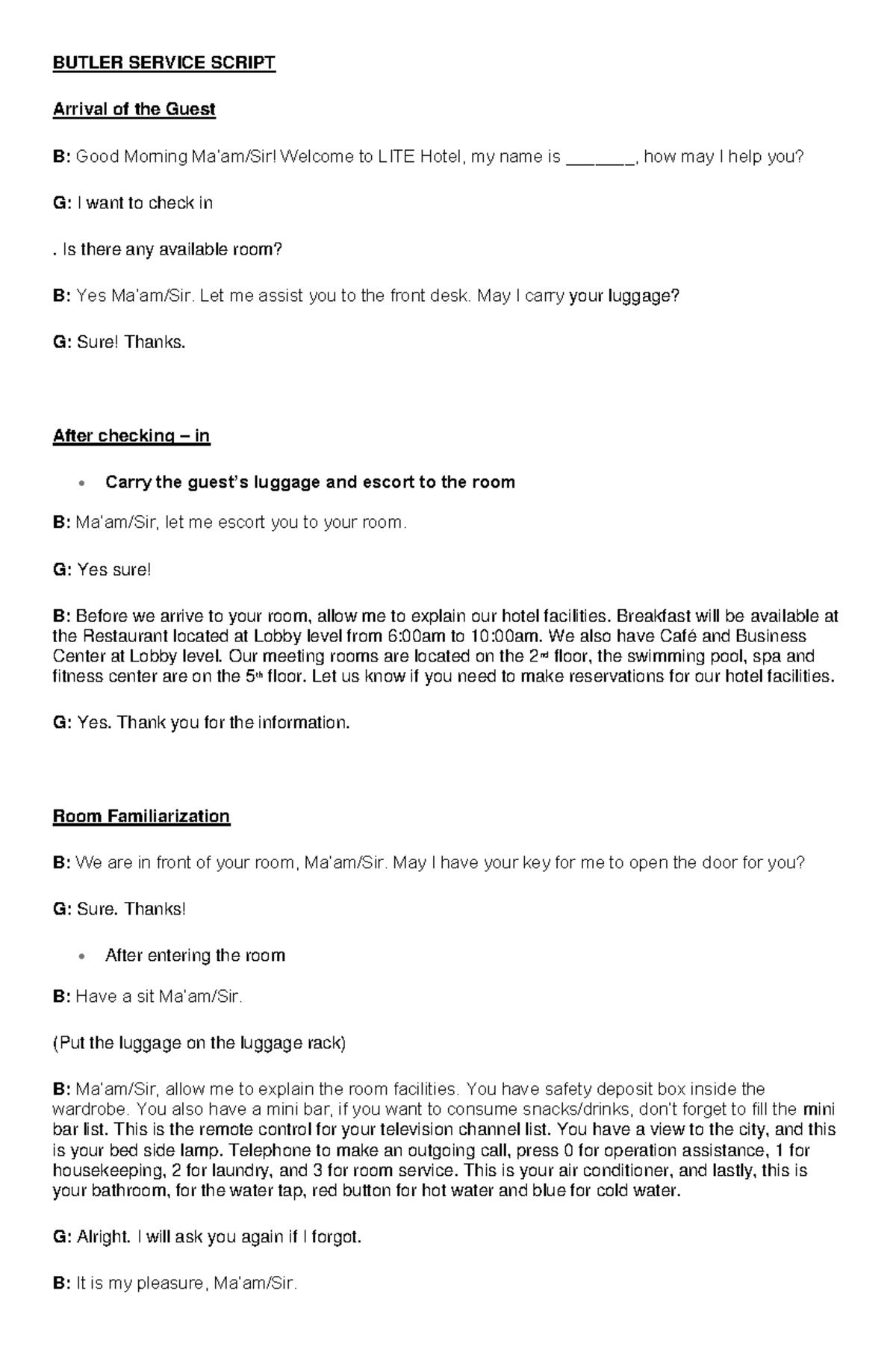 Script Butler Service Packing AND Unpacking OF Clothes 1 - BUTLER ...