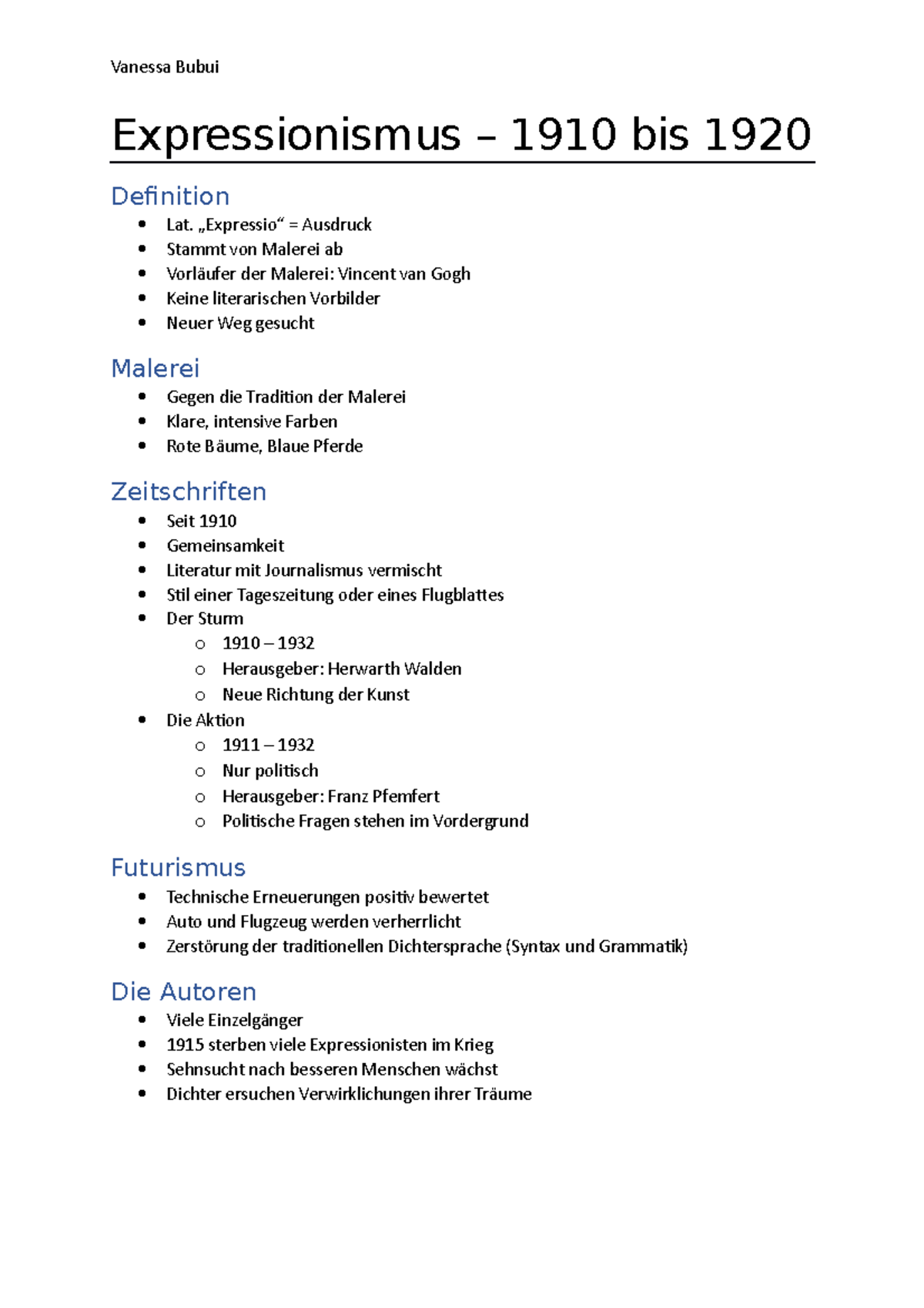 Referat Expressionismus - Vanessa Bubui Expressionismus – 1910 bis 1920 Definition Lat. - Studocu
