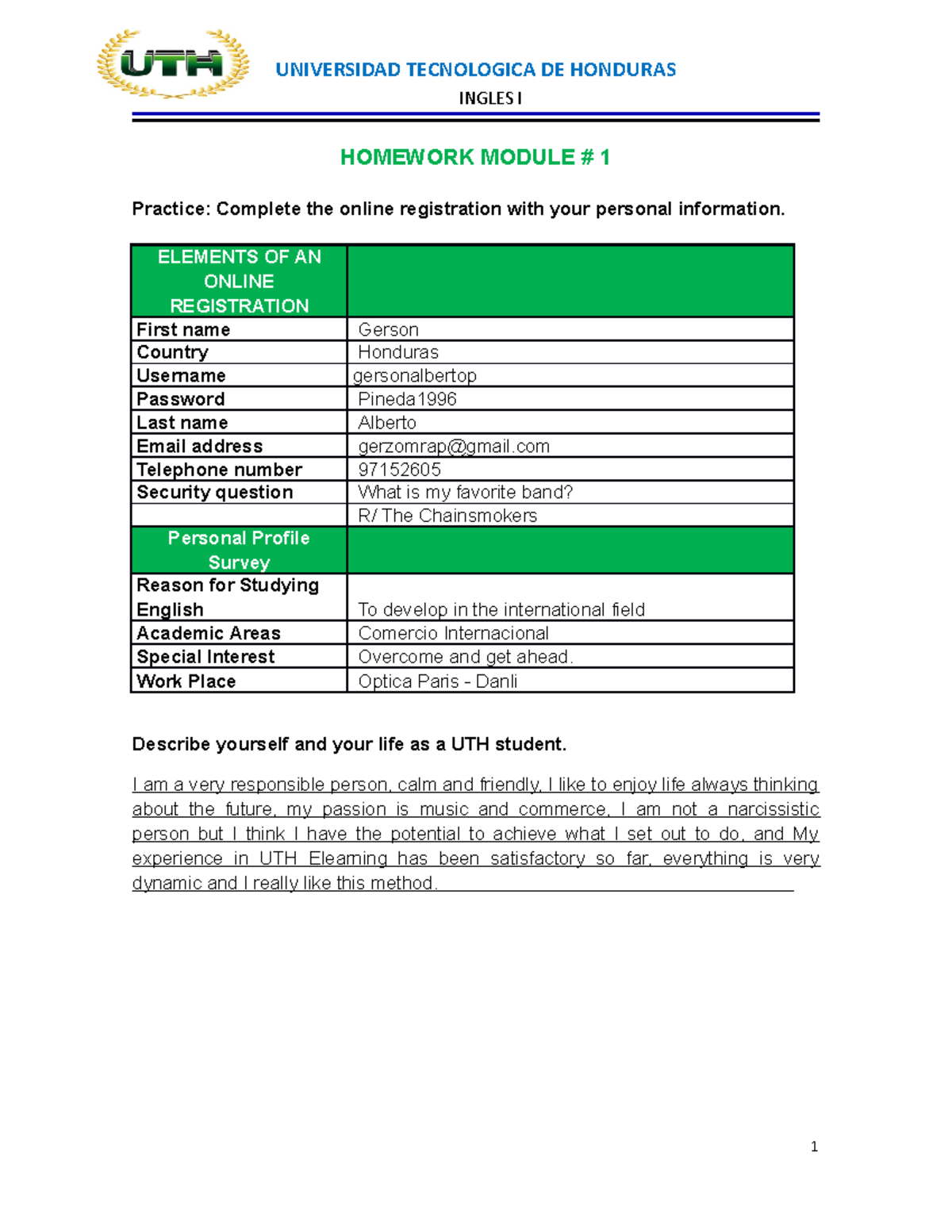 Homework Module 1 - INGLES - UNIVERSIDAD TECNOLOGICA DE HONDURAS INGLES I HOMEWORK MODULE # 1 ...