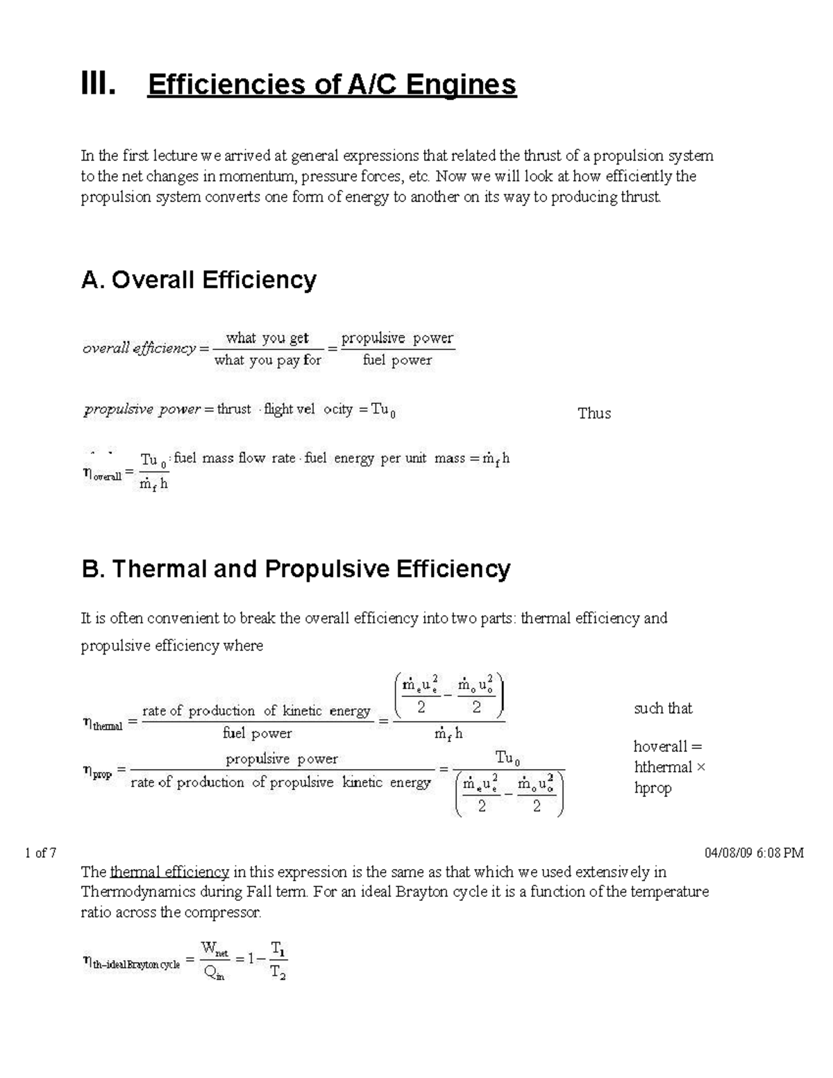 Aerospace Propulsion- I U3 assignment latest - III. Efficiencies of A/C ...