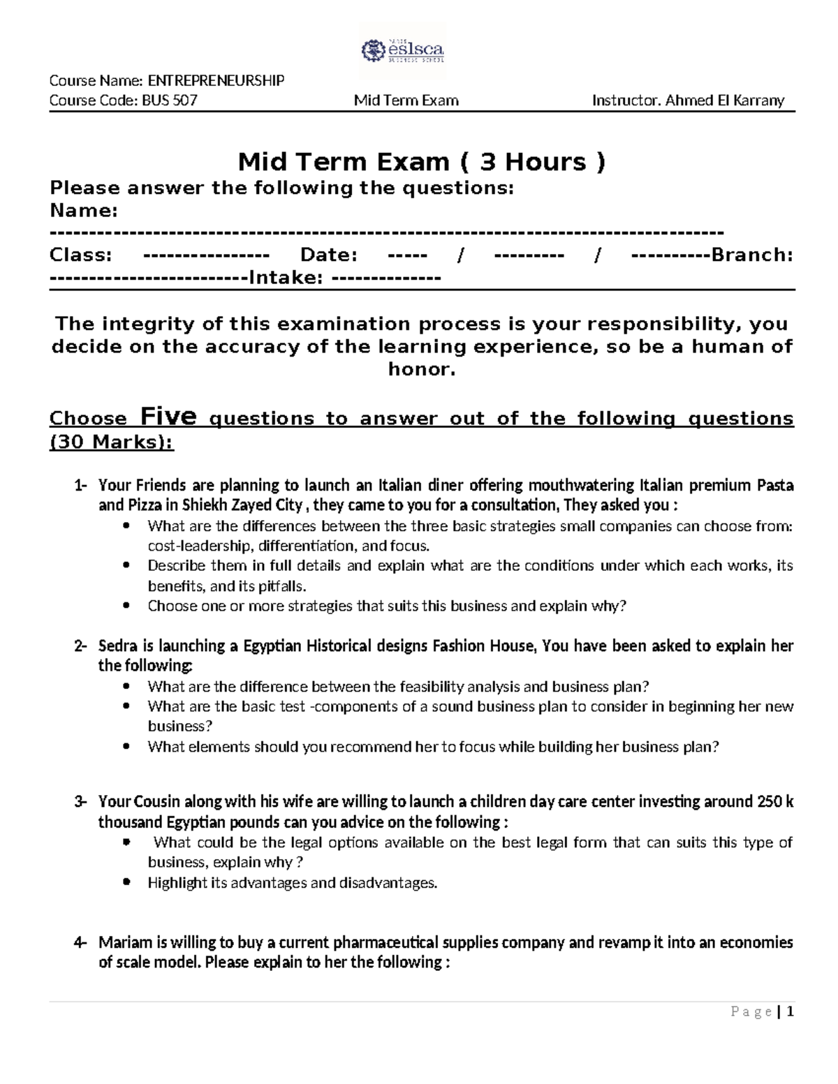Entrepreneurship Midterm Exam Dr. Ahmed Fouad - Course Name ...
