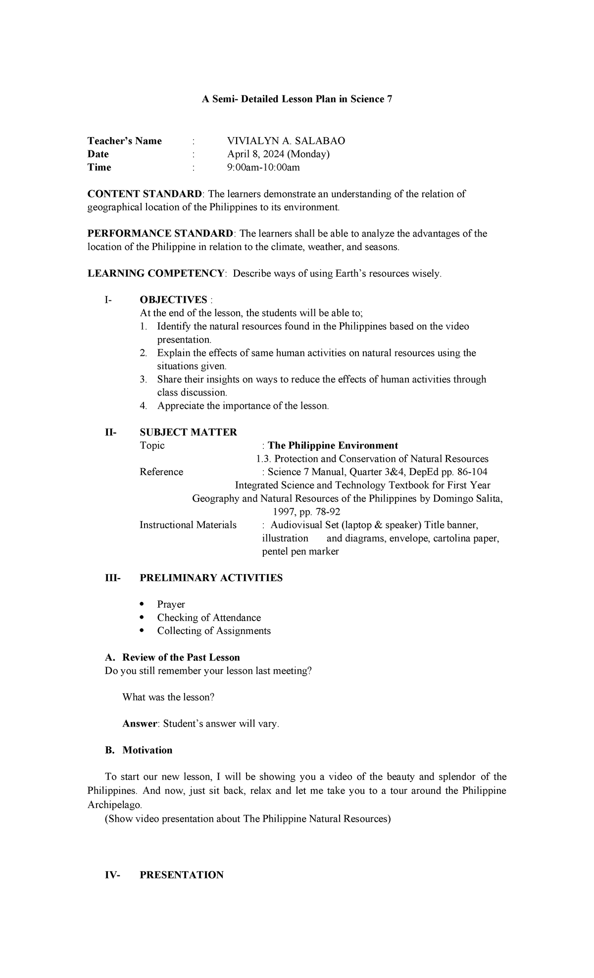 A Semi Detailed Lesson Plan in Science 7 - SALABAO Date : April 8, 2024 ...