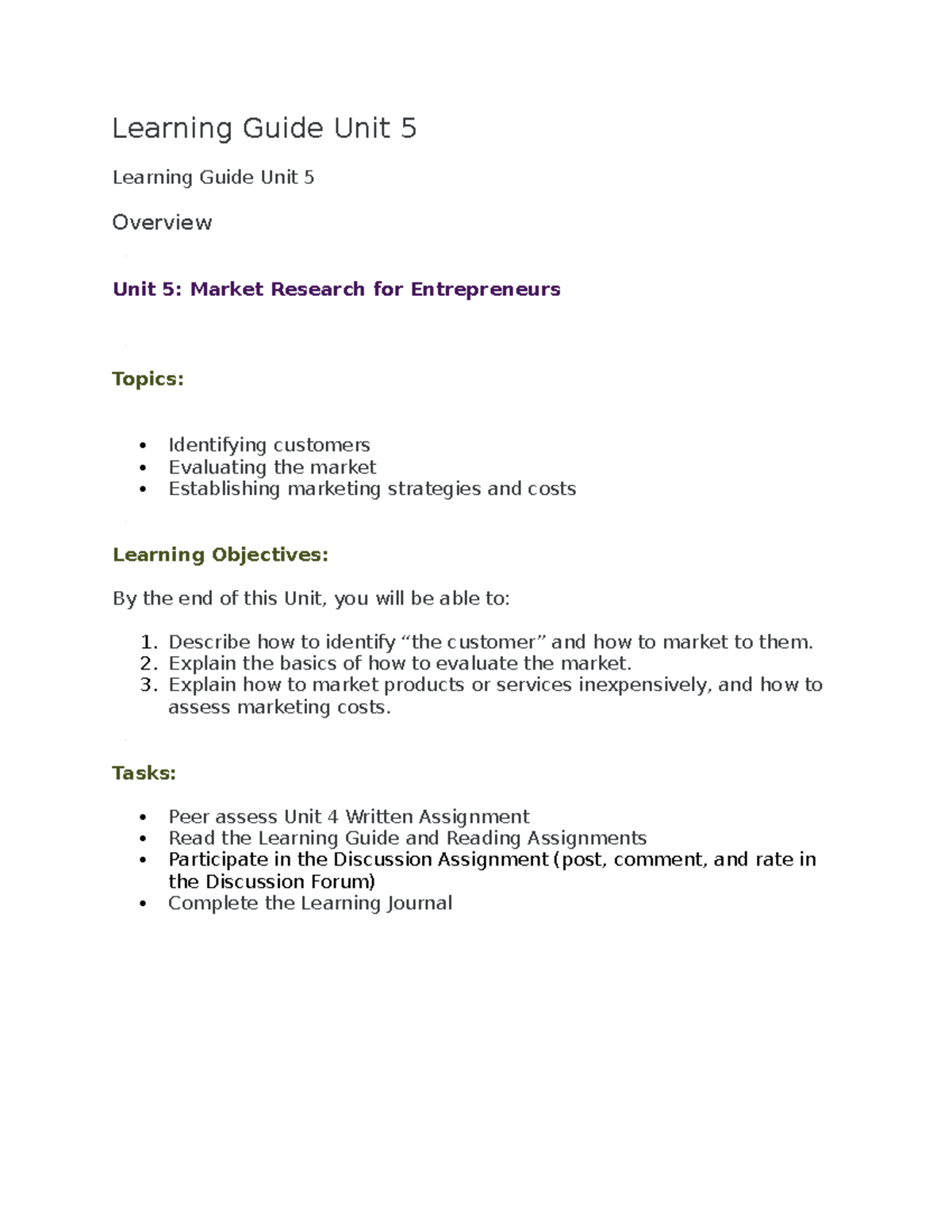 Learning Guide Unit 5 - BUS 3303 - Entrepreneurship 1 - Learning Guide Unit 5 Learning Guide ...