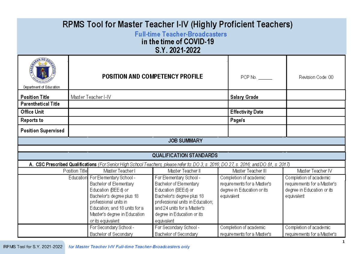 Appen~2 - for rpms - 1 RPMS Tool for Master Teacher I-IV (Highly ...