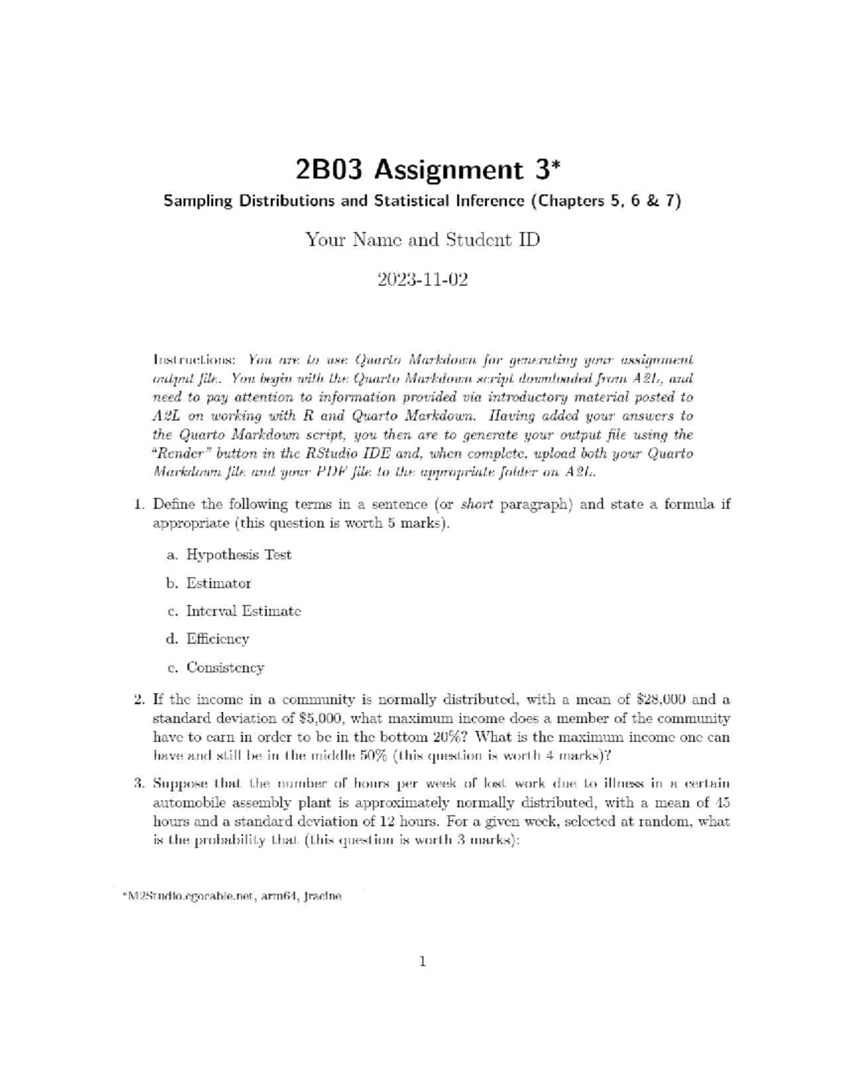 2b03 assignment 3 - Stats 2D03 - Studocu