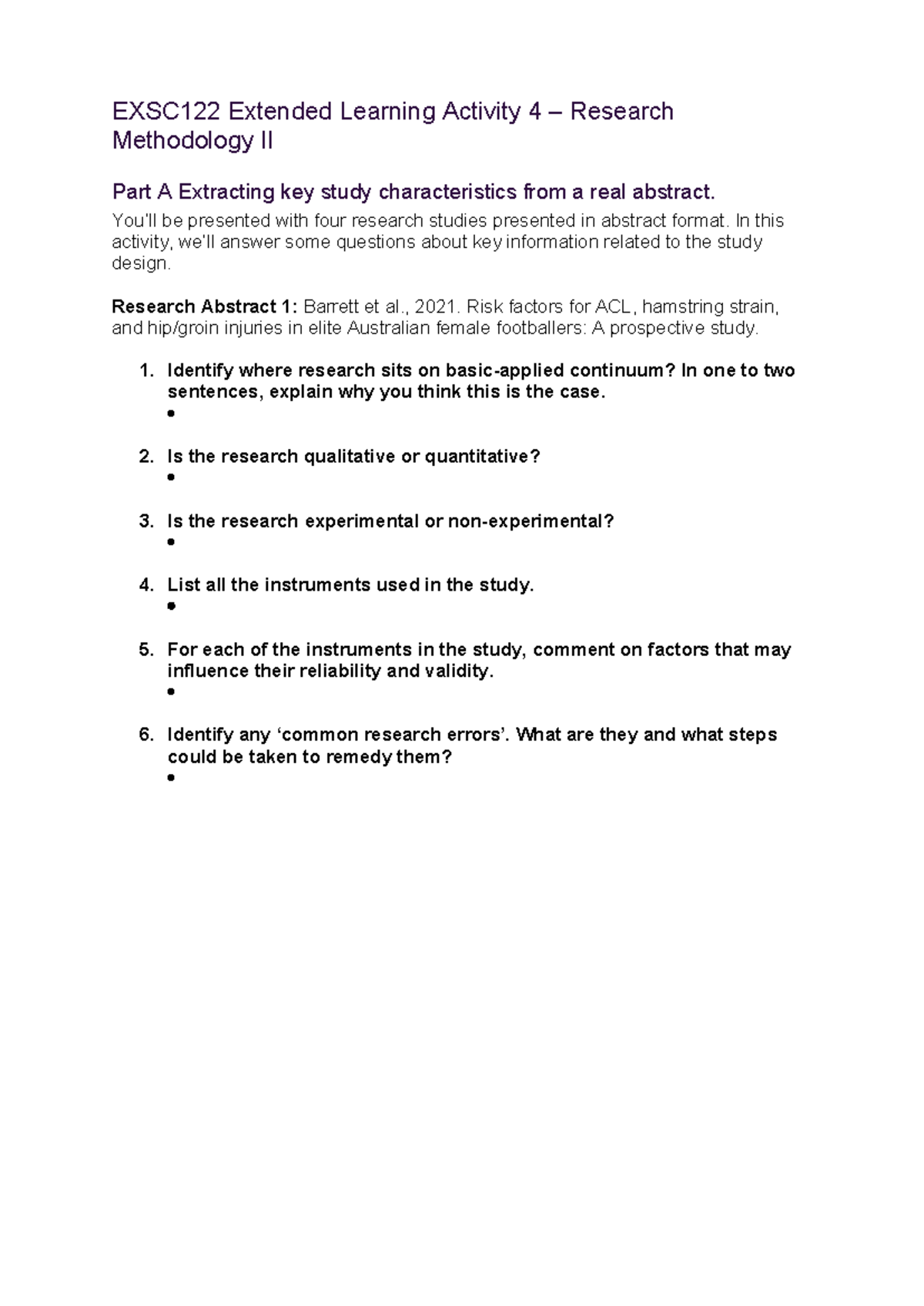 EXSC122 Extended Learning Activity 4 - Research Methodology II - You’ll ...