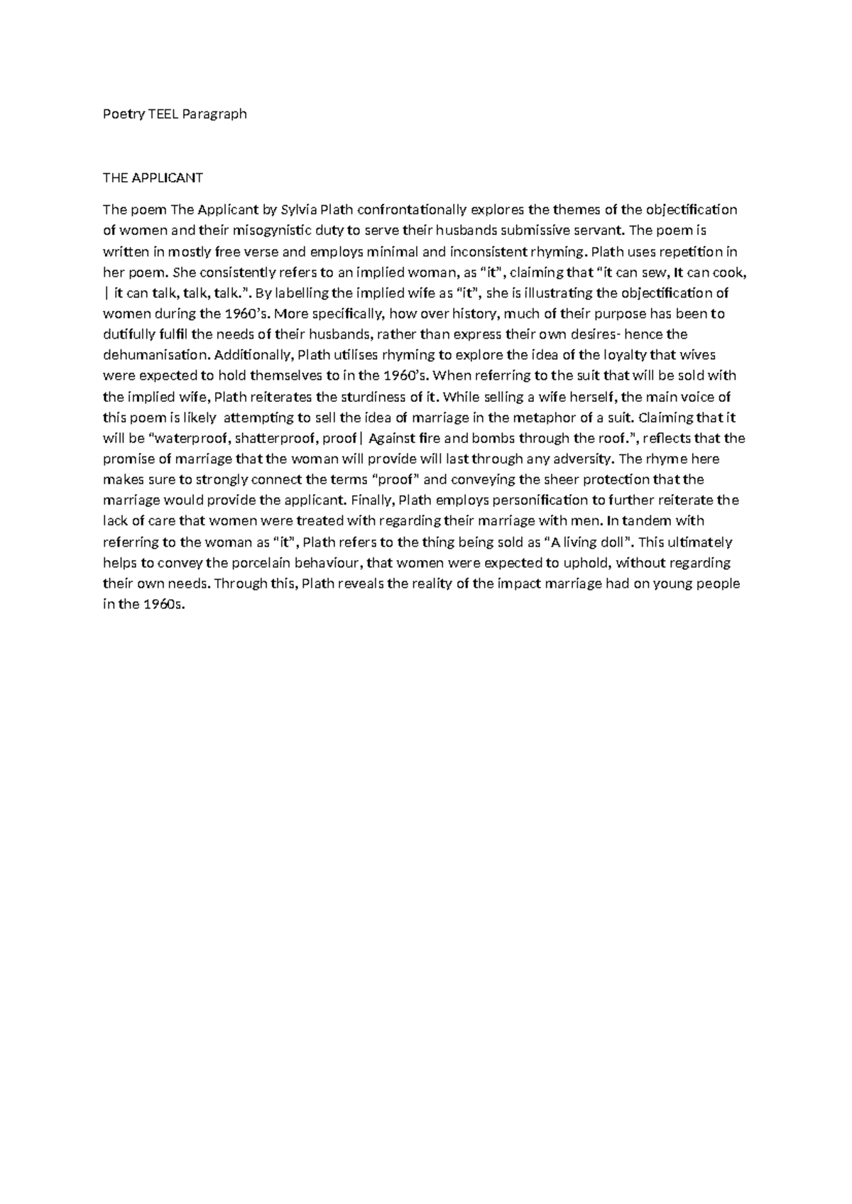 Poetry TEEL Paragraph- The Applicant - Poetry TEEL Paragraph THE ...