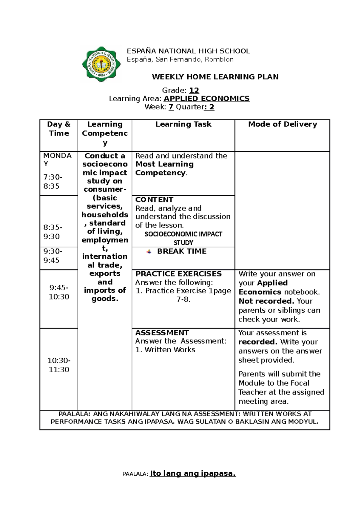 Q-2 W-7 ECON - Not required - WEEKLY HOME LEARNING PLAN Grade: 12 ...