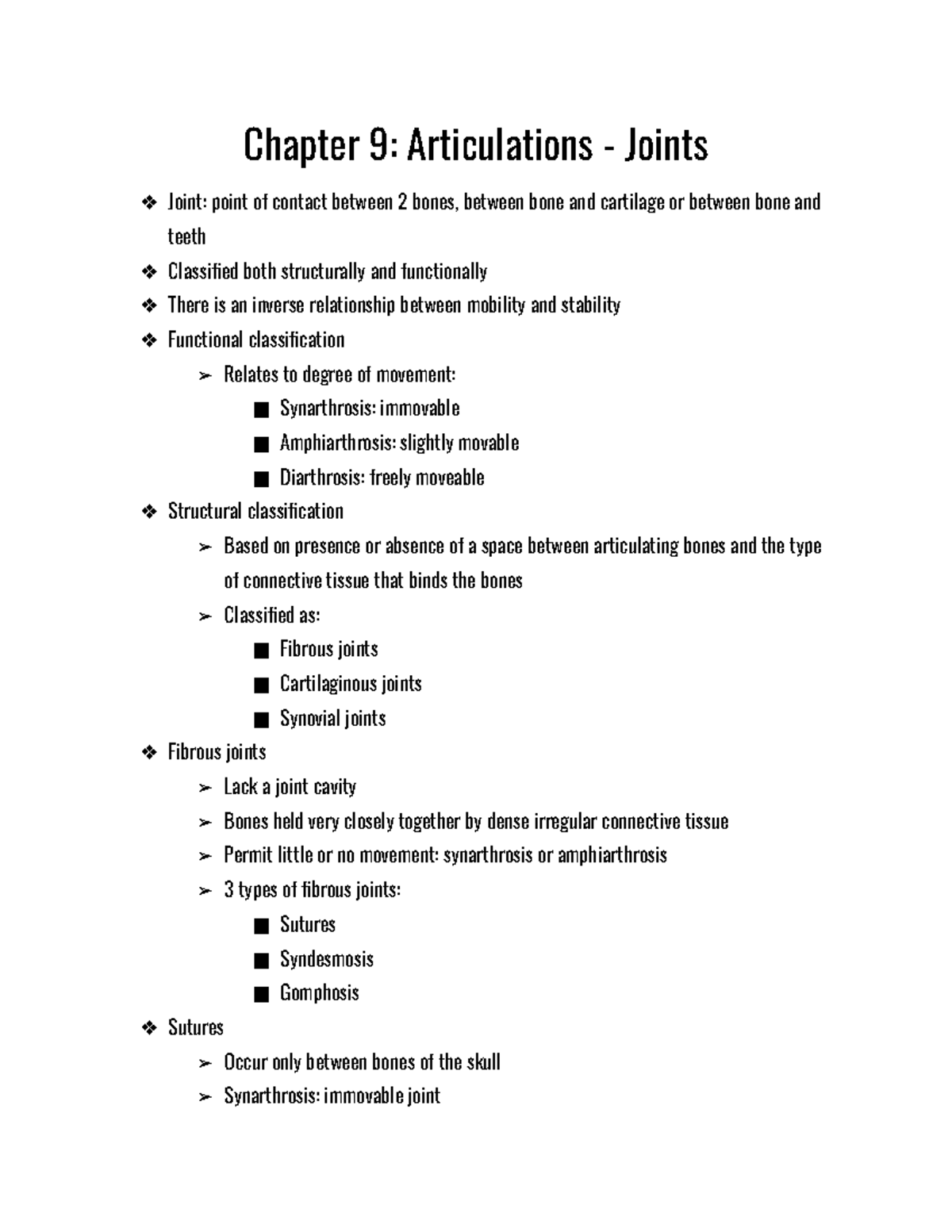 Anatomy Chapter 9 Articulations - Joints Notes - Chapter 9 ...
