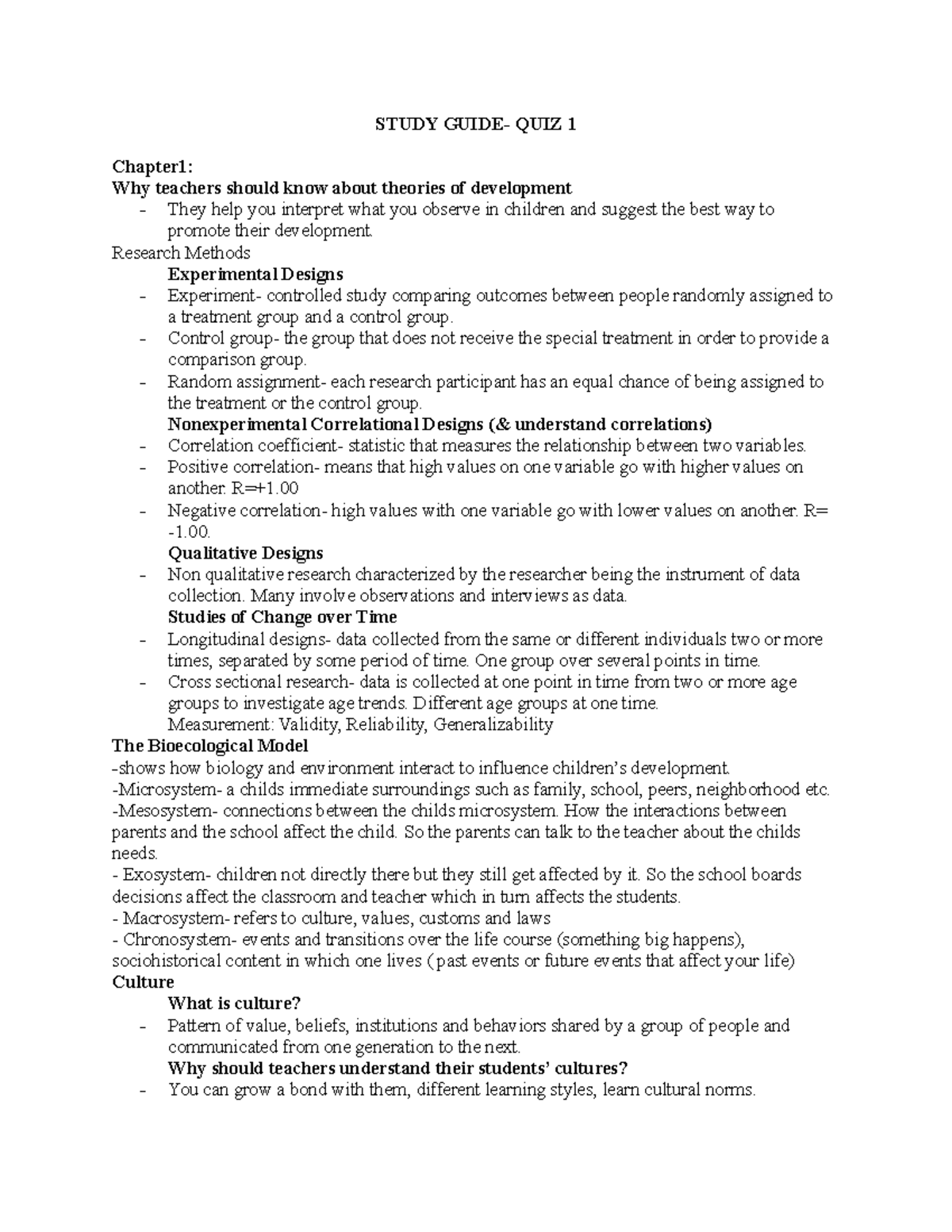 Study Guide QUIZ 1 - STUDY GUIDE- QUIZ 1 Chapter1: Why teachers should ...