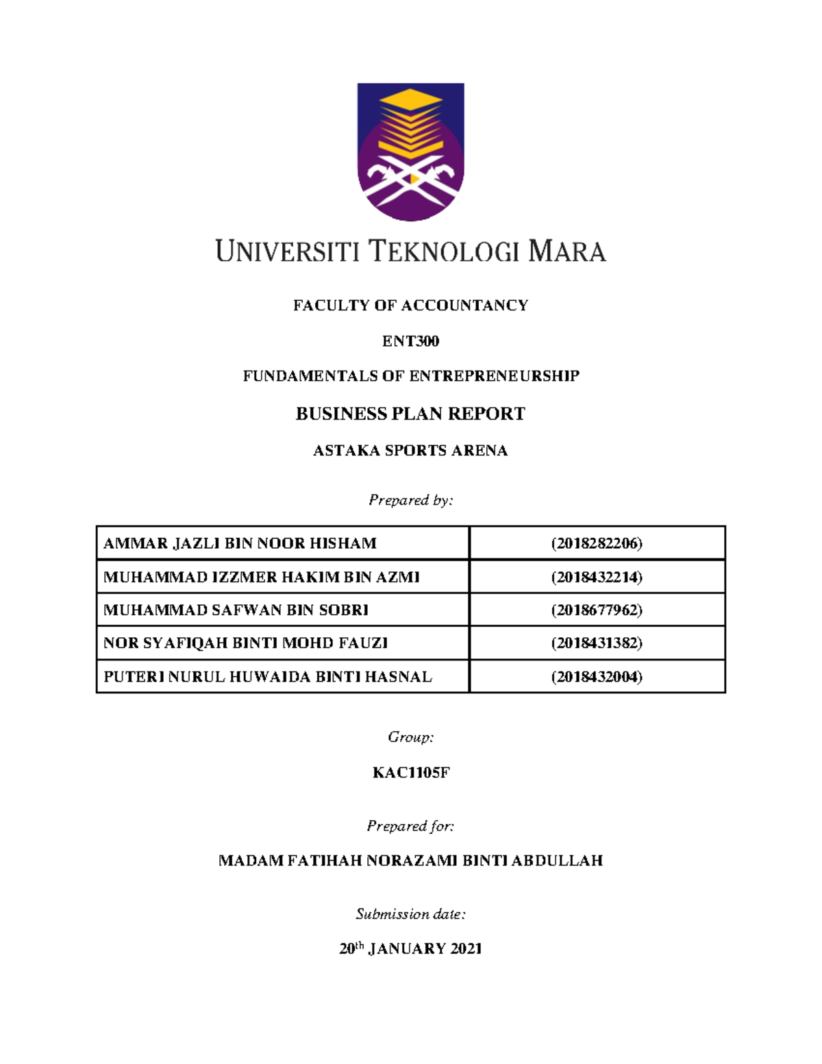 Business Plan Report (Complete) - FACULTY OF ACCOUNTANCY ENT ...