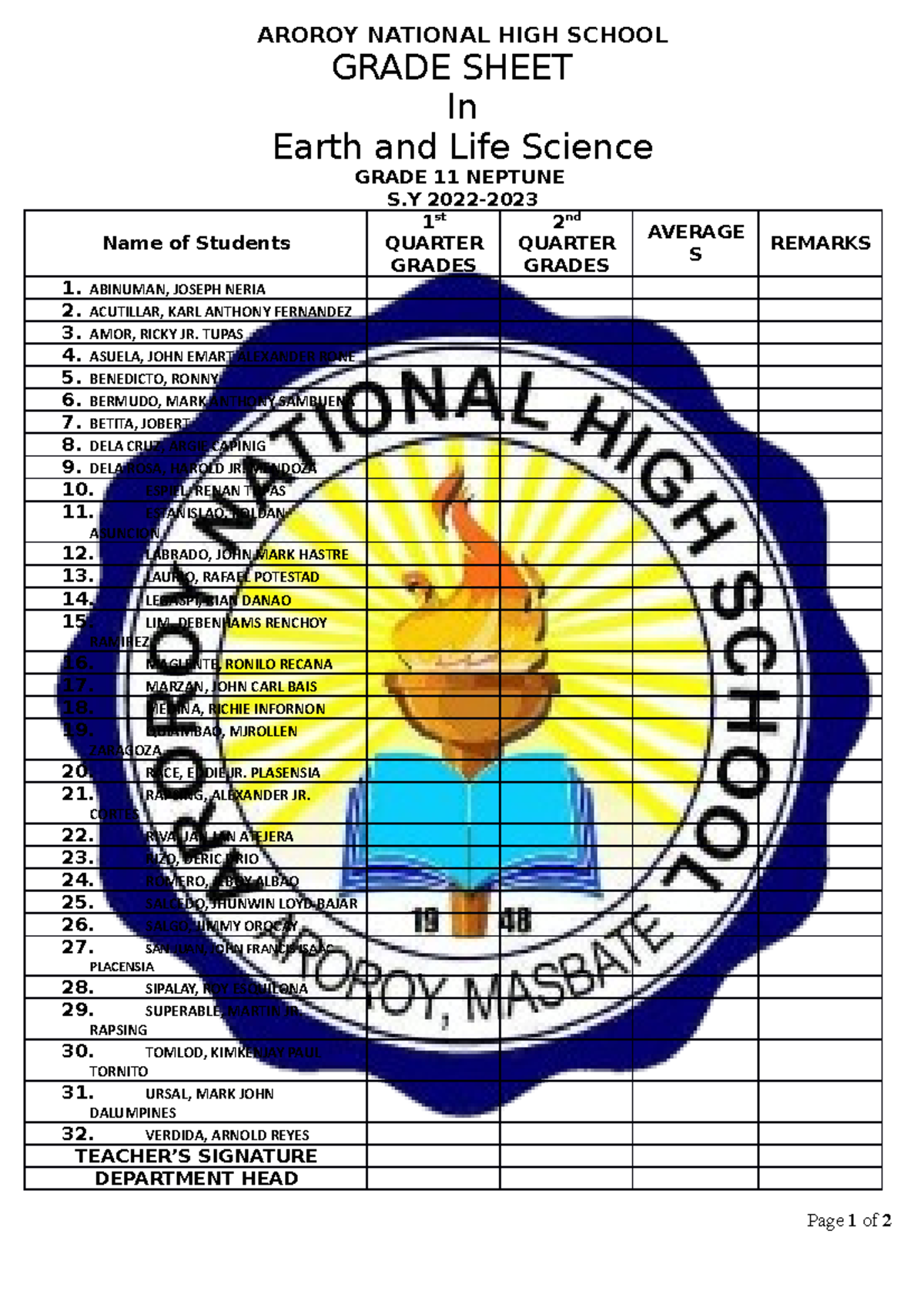 Grades sheets - AROROY NATIONAL HIGH SCHOOL GRADE SHEET In Earth and ...