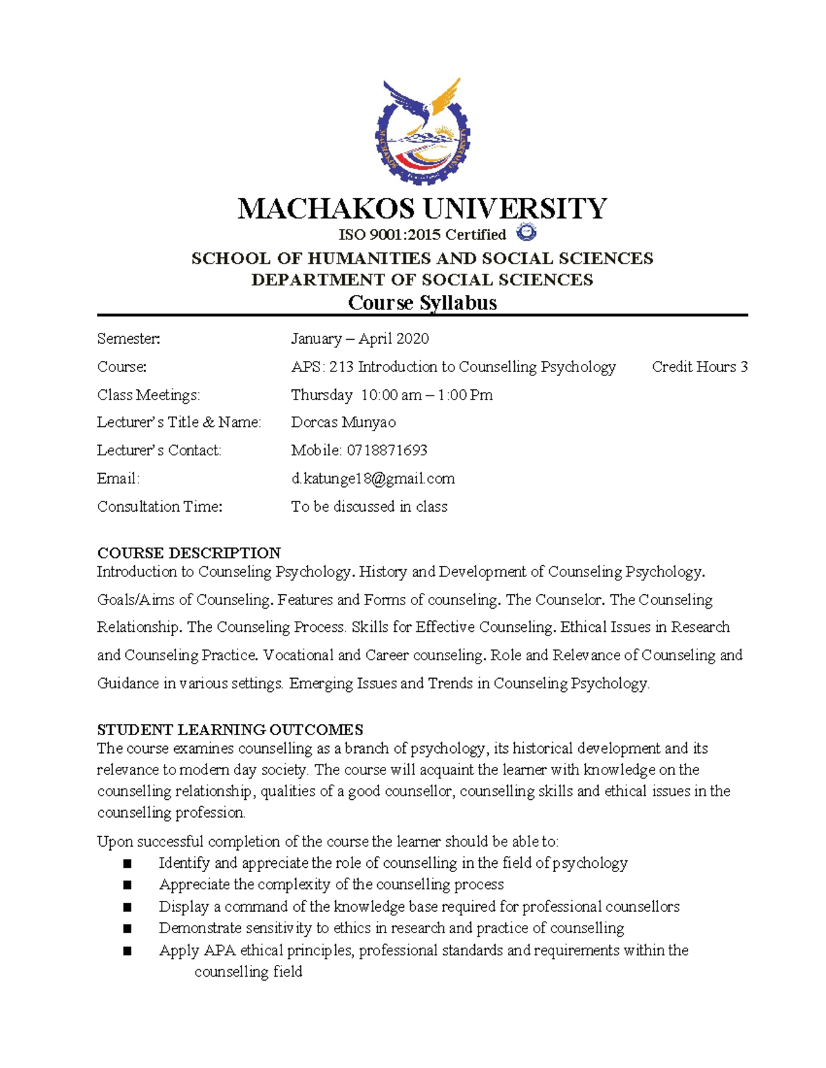 Outline APS 213 Introd TO Counselling Psysh Ology 2024 - MACHAKOS ...