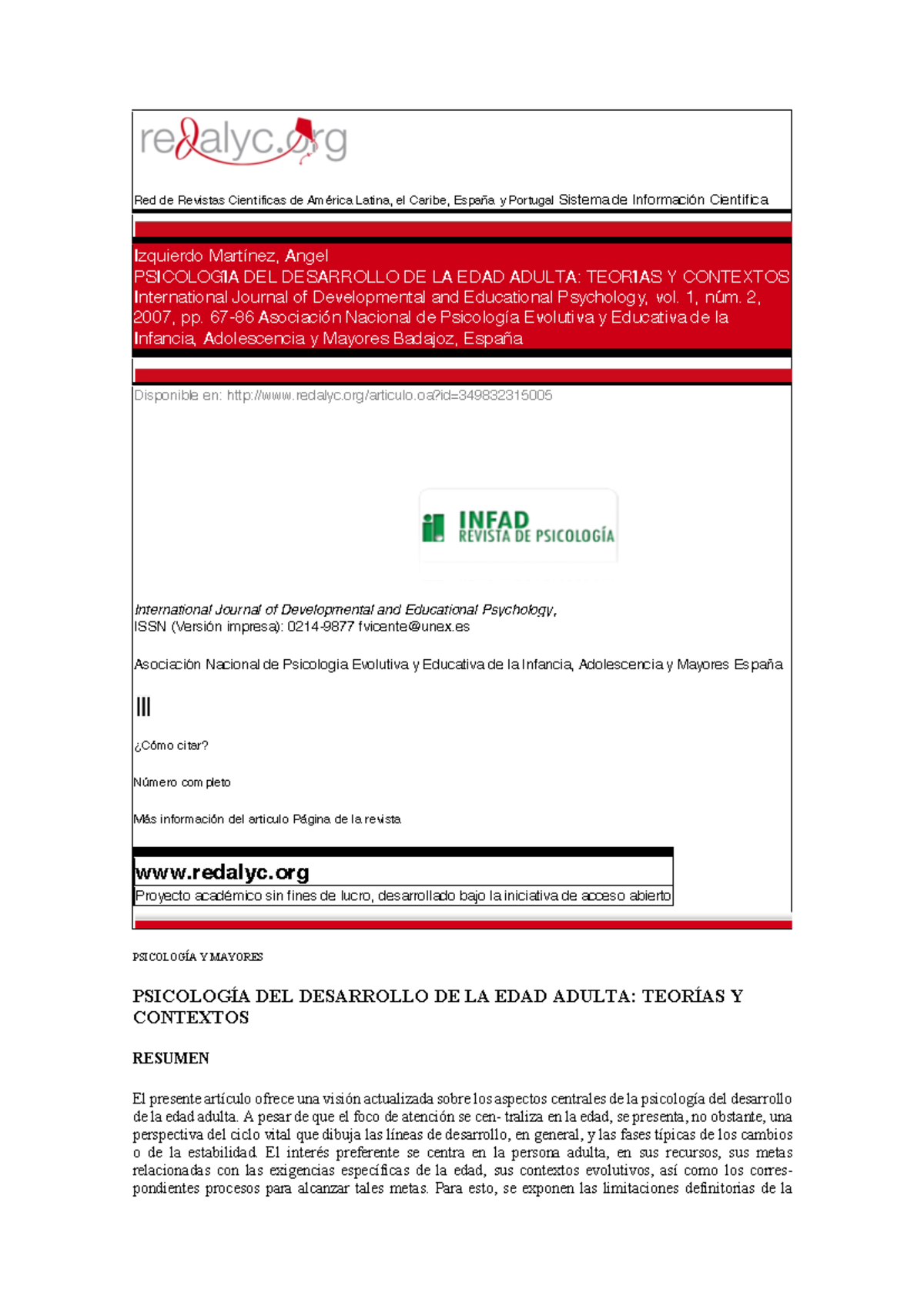 Lectura Psiclogia DEL Desarrollo DE LA EDAD Adulta teorias y contextos - Red de Revistas ...