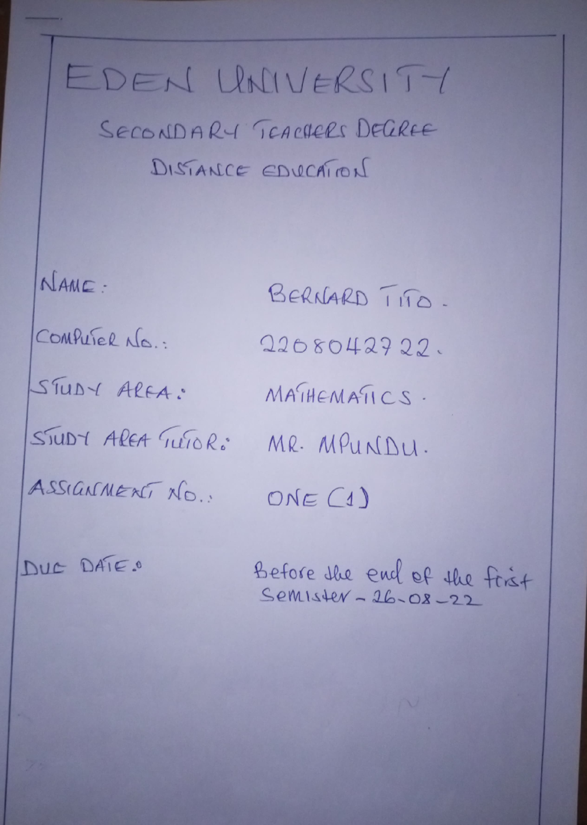 Abstract Algebra Mathematics Assignment 1 - EDEN LtIVERSIT SecoMDAR CA CHees DeGRee DISTALCE ...