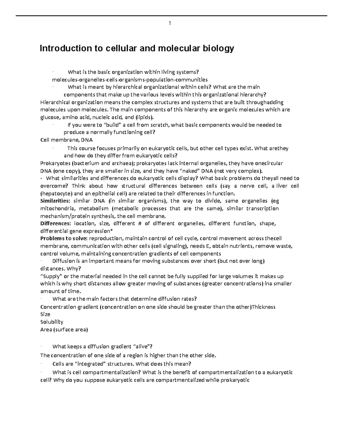 Introduction to Cellular and Molecular Biology - 1 Introduction to ...