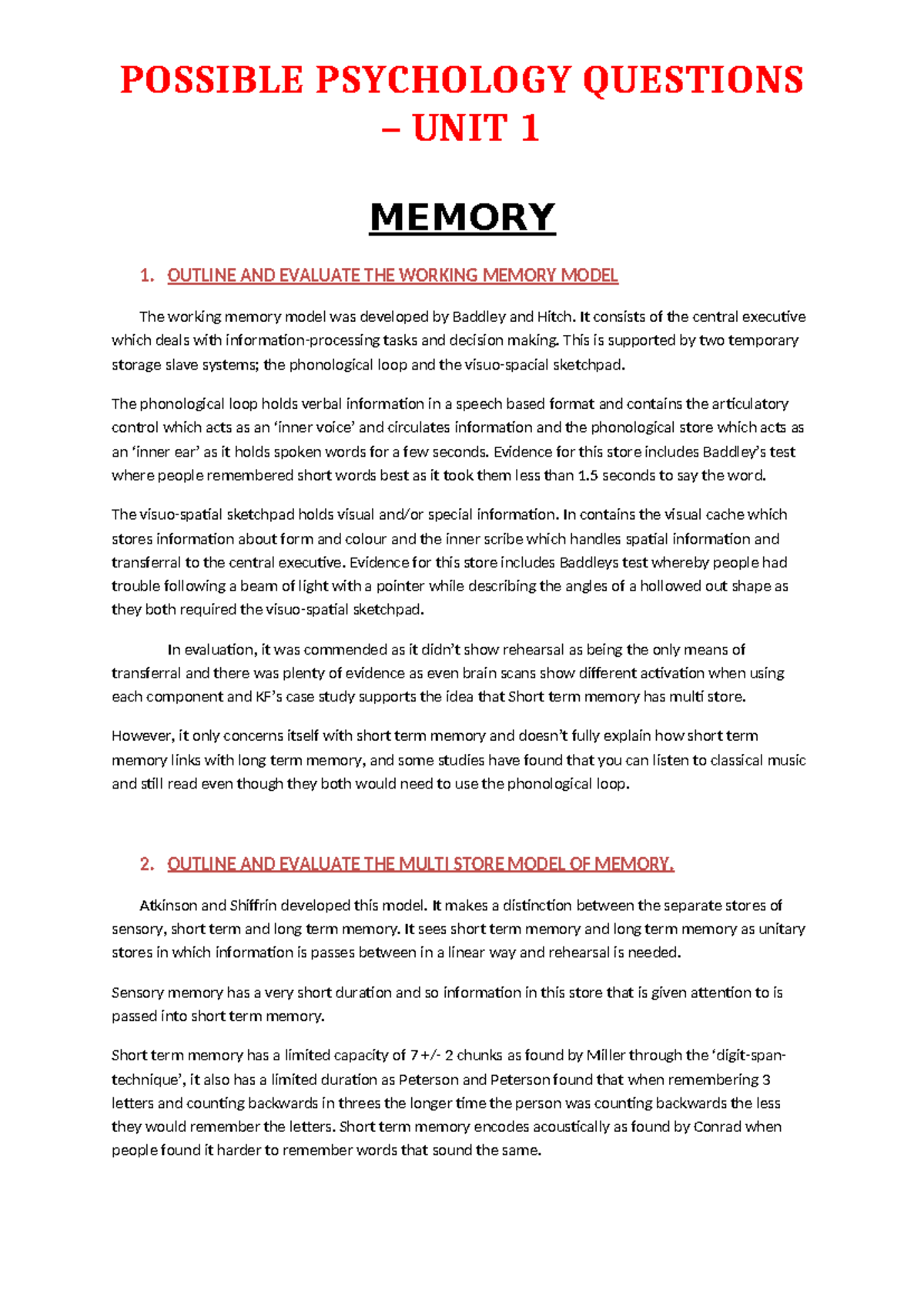 All possible questions - UNIT ONE - POSSIBLE PSYCHOLOGY QUESTIONS – UNIT 1 MEMORY 1. OUTLINE AND ...