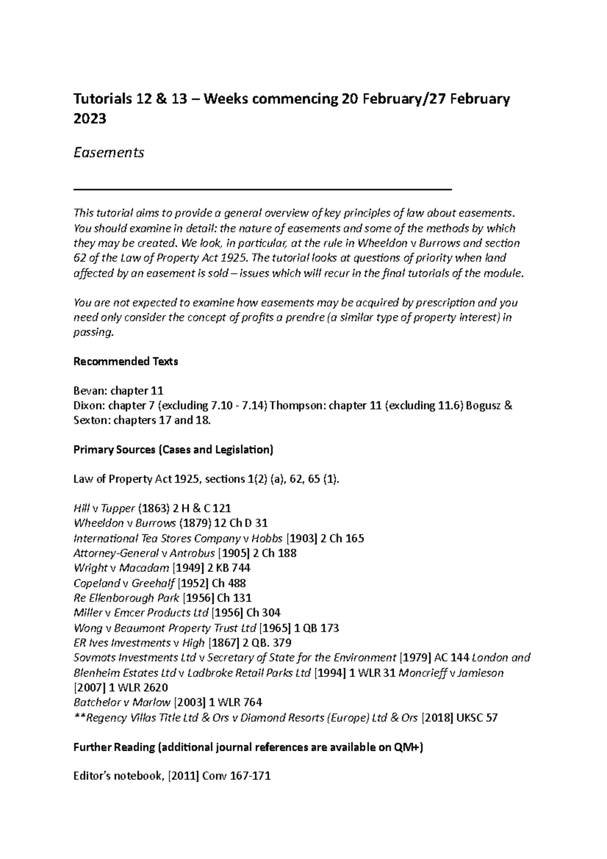 Land Law Tutorial - Tutorials 12 & 13 – Weeks commencing 20 February/27 ...