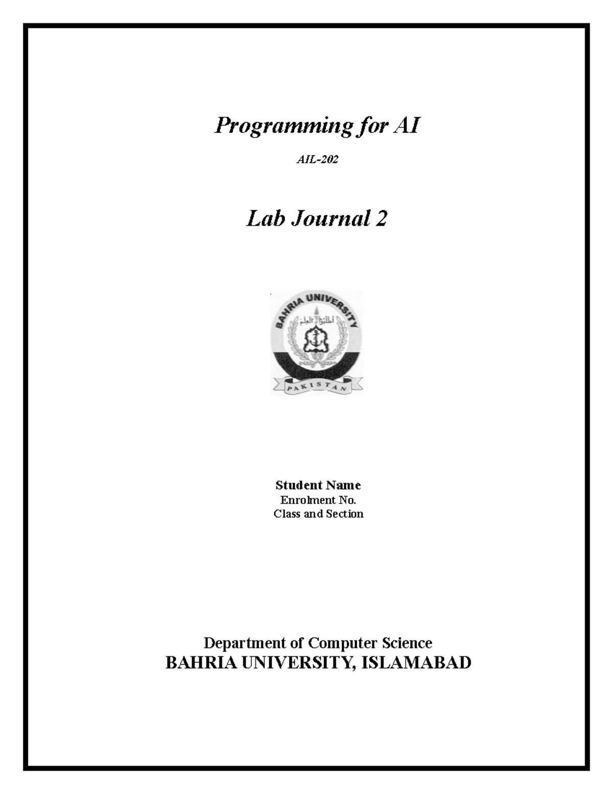 PAI Lab Journal 2 08102023 121239 pm - Programming for AI AIL- Lab Journal 2 Student Name ...