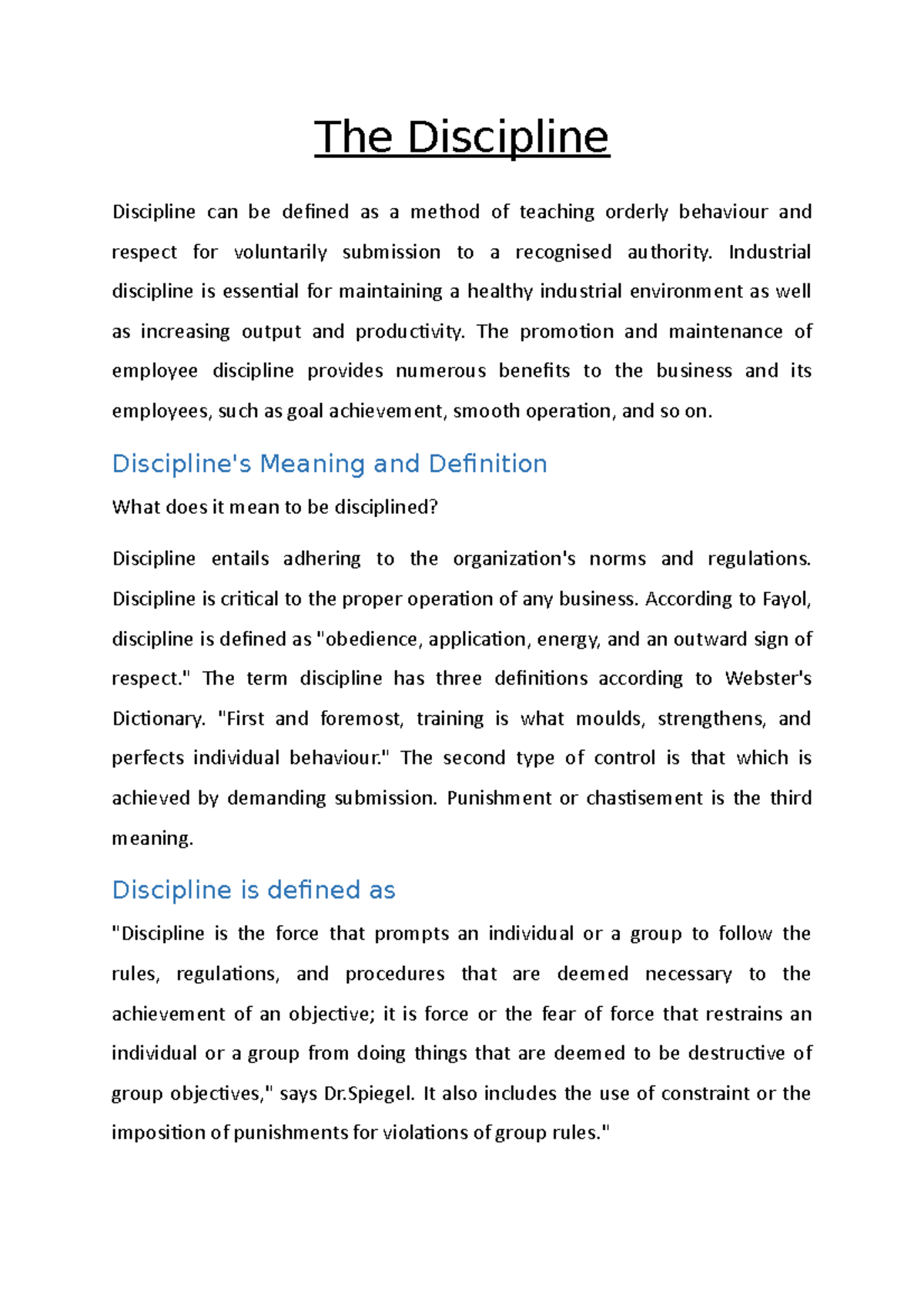 Brief Note on The Discipline - The Discipline Discipline can be defined ...
