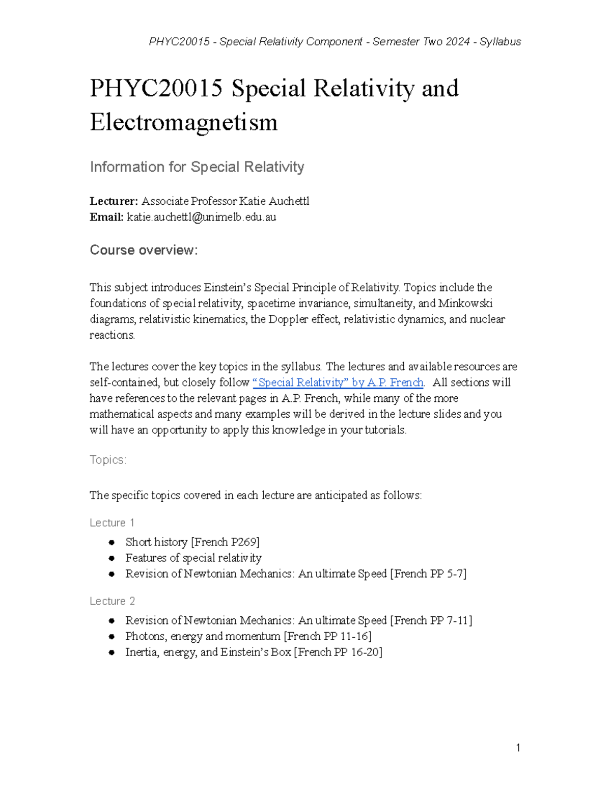 SR 2024 syllabus - PHYC20015 Special Relativity and Electromagnetism Information for Special ...