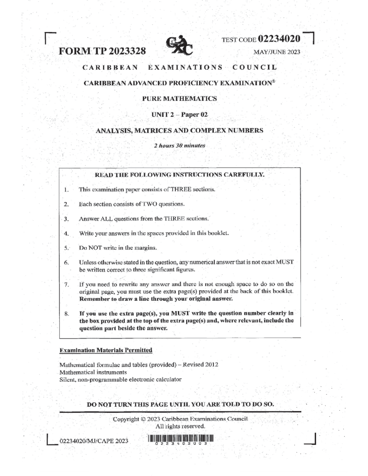 CAPE Pure Mathematics 2023 U2 P2 - Introductory Linear Algebra and ...