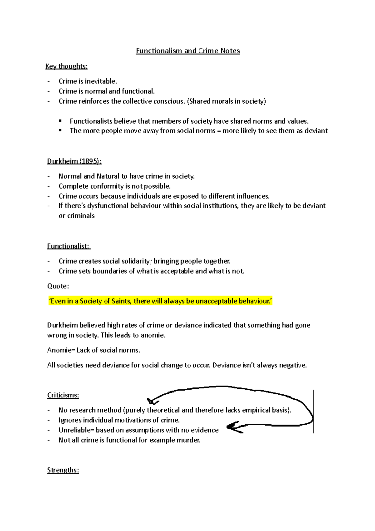 Functionalism and Crime Notes - Crime is normal and functional. Crime ...