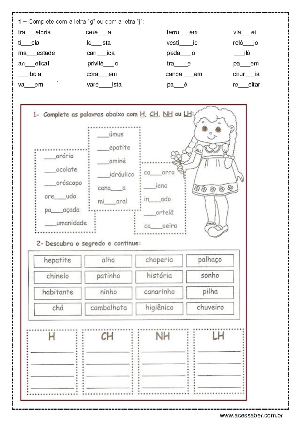Atividade-de-Portugues-Ortografia-G-ou-J-H NH LH CH H - Português - acessaber.com 1 – Complete ...