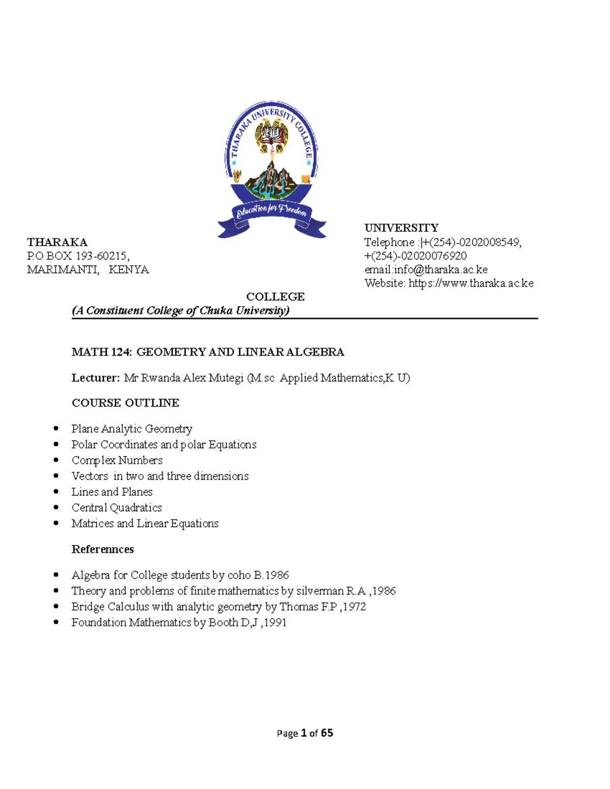 MATH 124 Notes - Aims to educate the student on basic mathematics ...