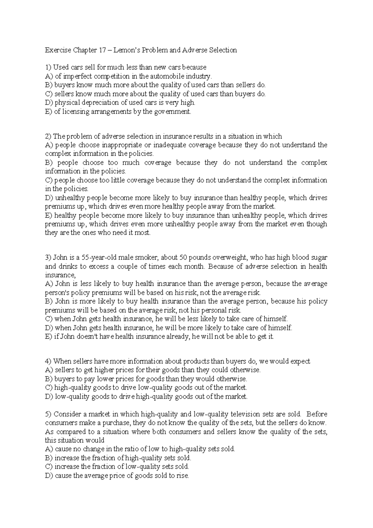 Exercise Chapter 17 student - Exercise Chapter 17 – Lemon’s Problem and ...