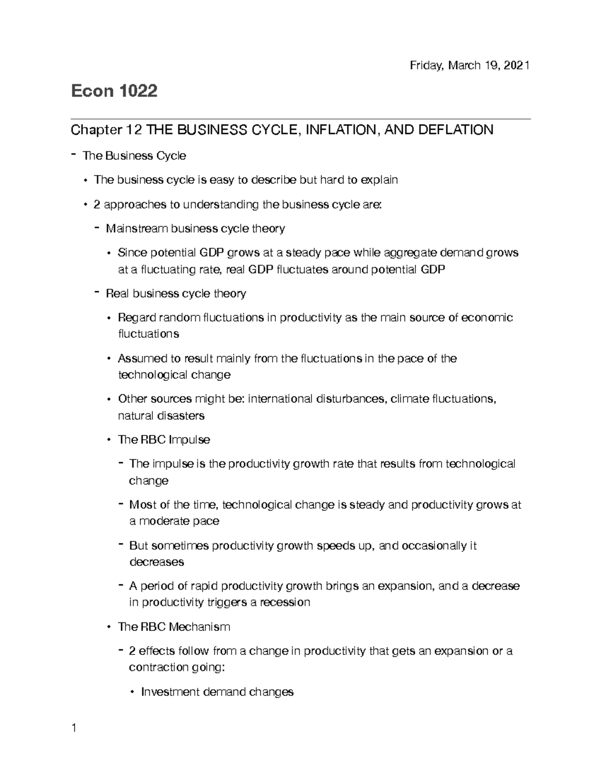 Chapter 12 Econ Notes PDF - Econ 1022 Chapter 12 THE BUSINESS CYCLE ...