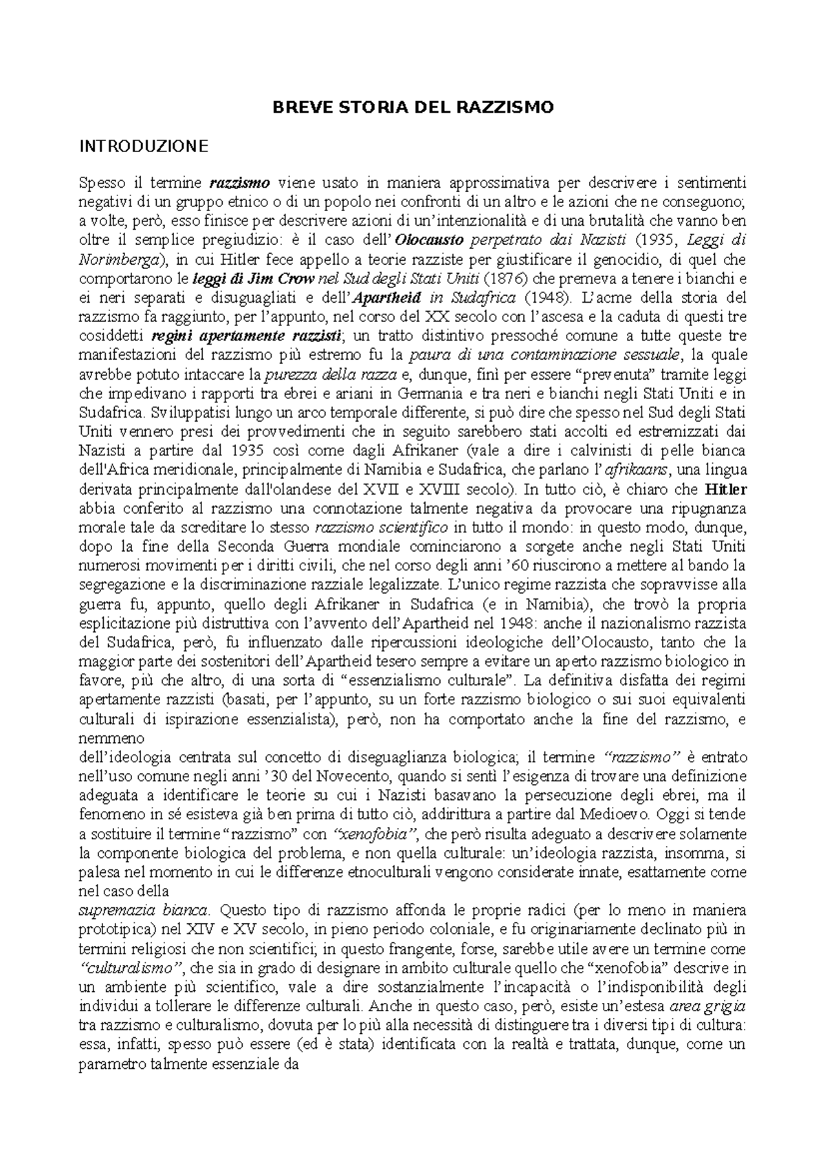 Breve Storia DEL Razzismo - BREVE STORIA DEL RAZZISMO INTRODUZIONE ...