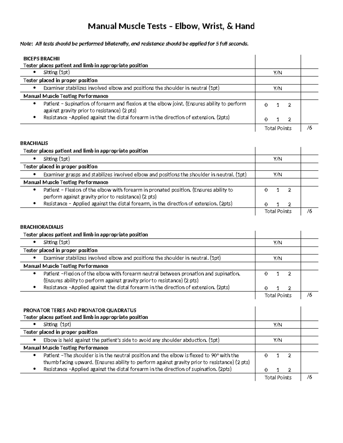 MMT - Elbow wrist hand - Study Guide Lab Exam - Note: All tests should ...
