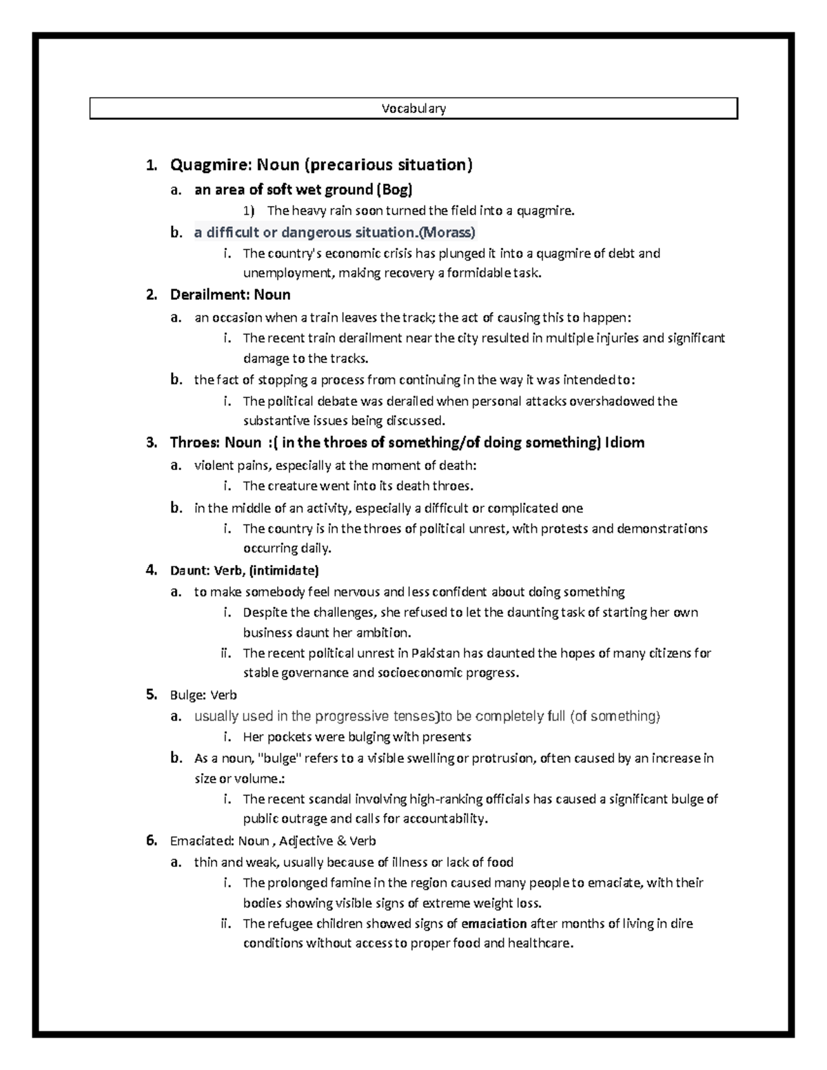Vocabulary - asd - Vocabulary 1. Quagmire: Noun (precarious situation ...
