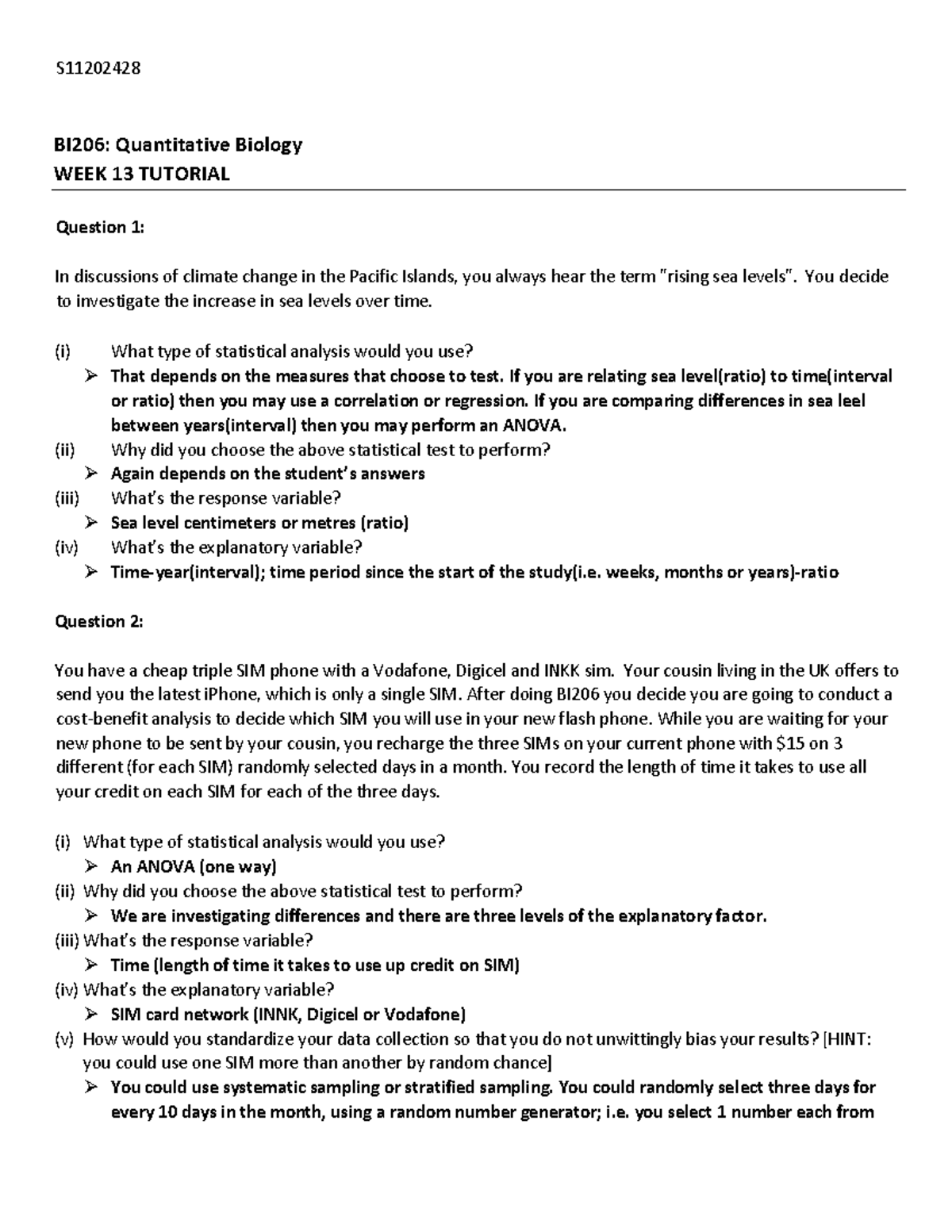 BI206 Tutorial 11 - S BI206: Quantitative Biology WEEK 13 TUTORIAL Question 1: In discussions of ...