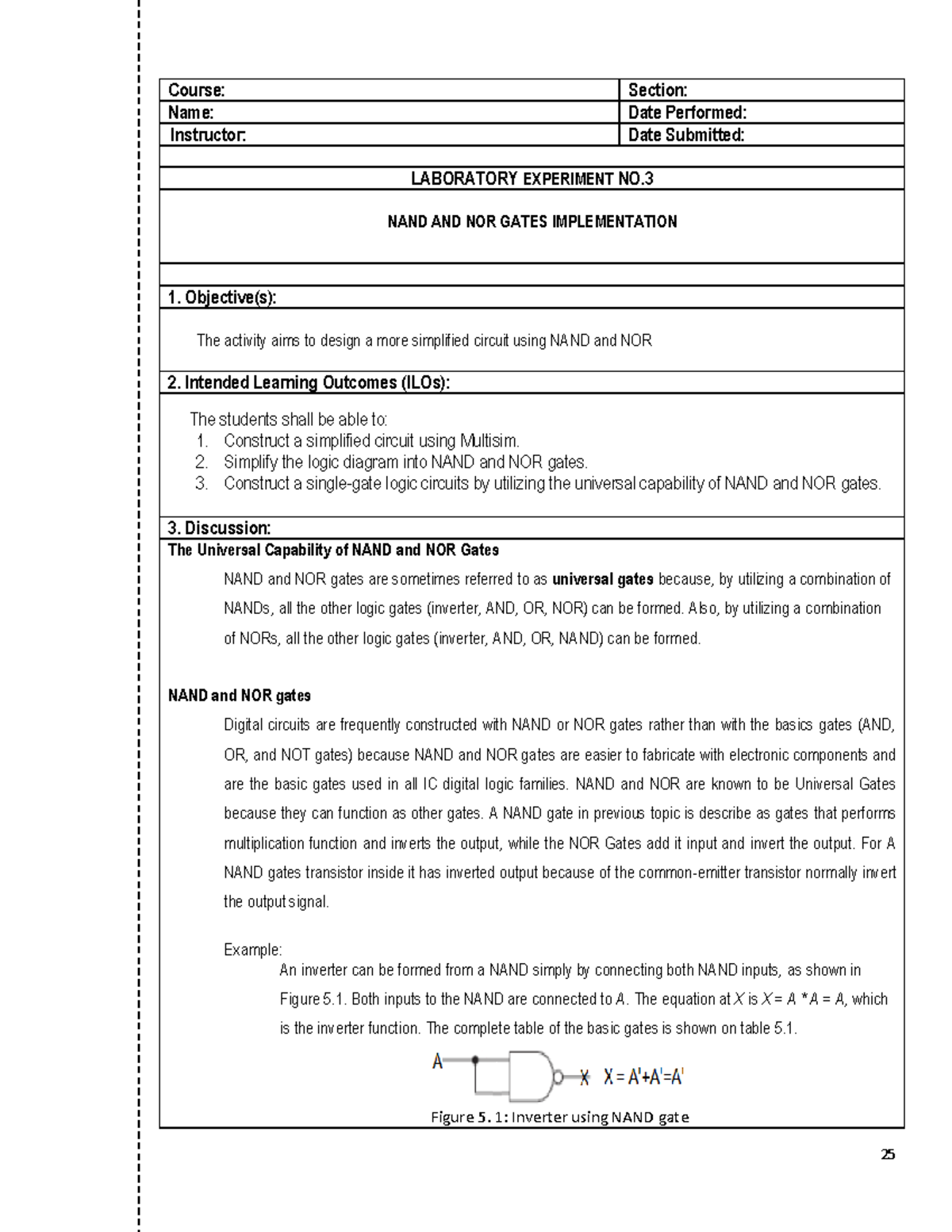 Laboratory Experiment 03 NAND and NOR Implementation - Course: Section: Name: Date Performed ...