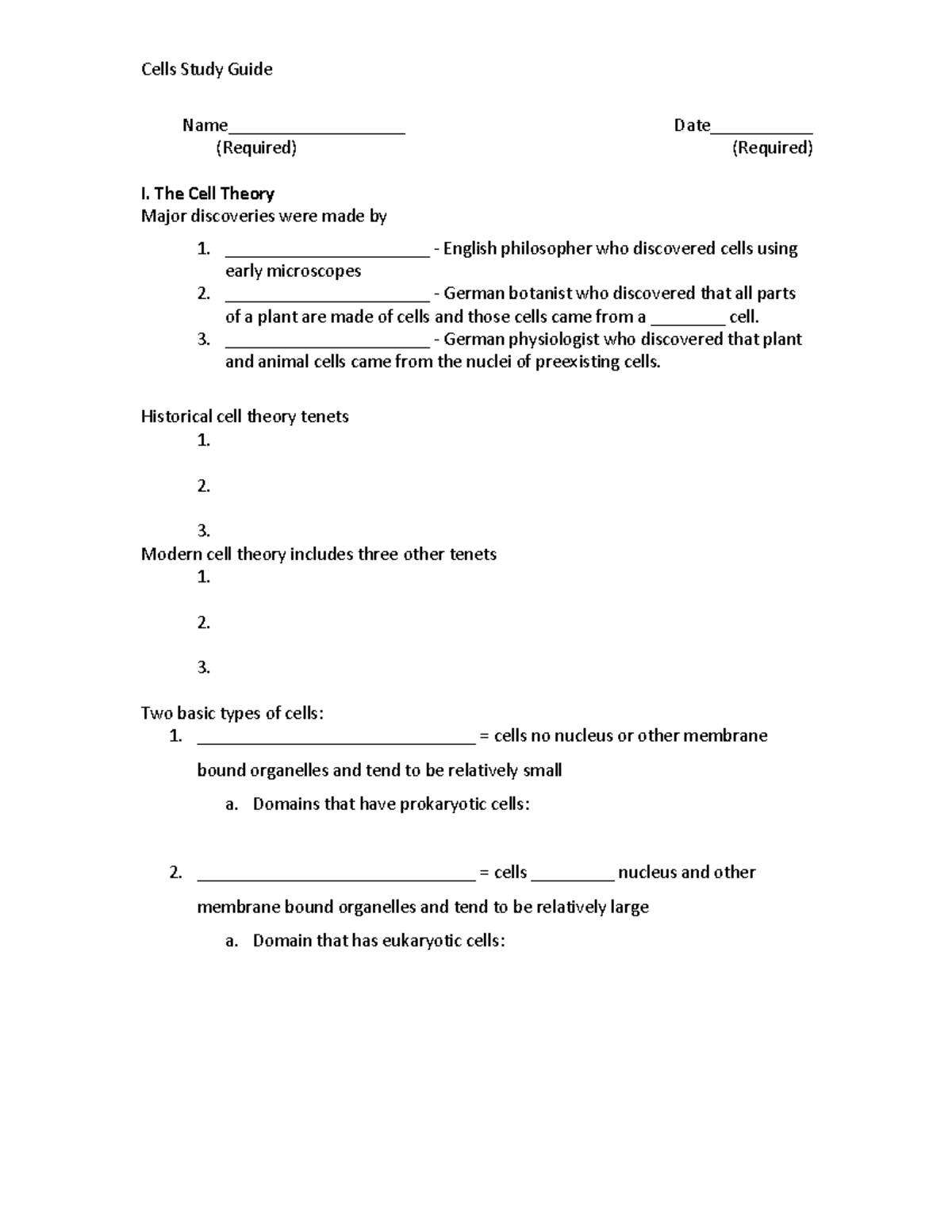 Cells Study Guide - Name___________________ Date___________ (Required ...