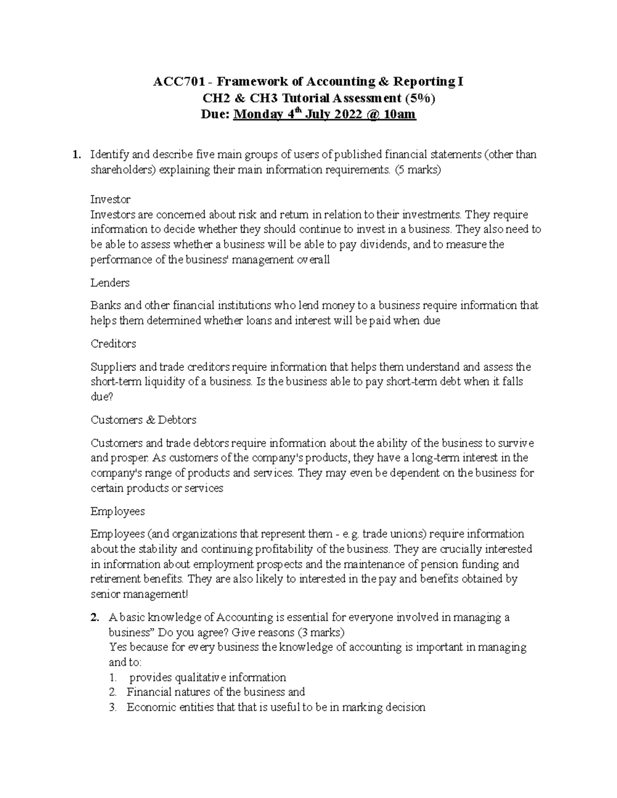 ACC701 CH2CH3 Tutorial Assessment - ACC701 - Framework of Accounting ...