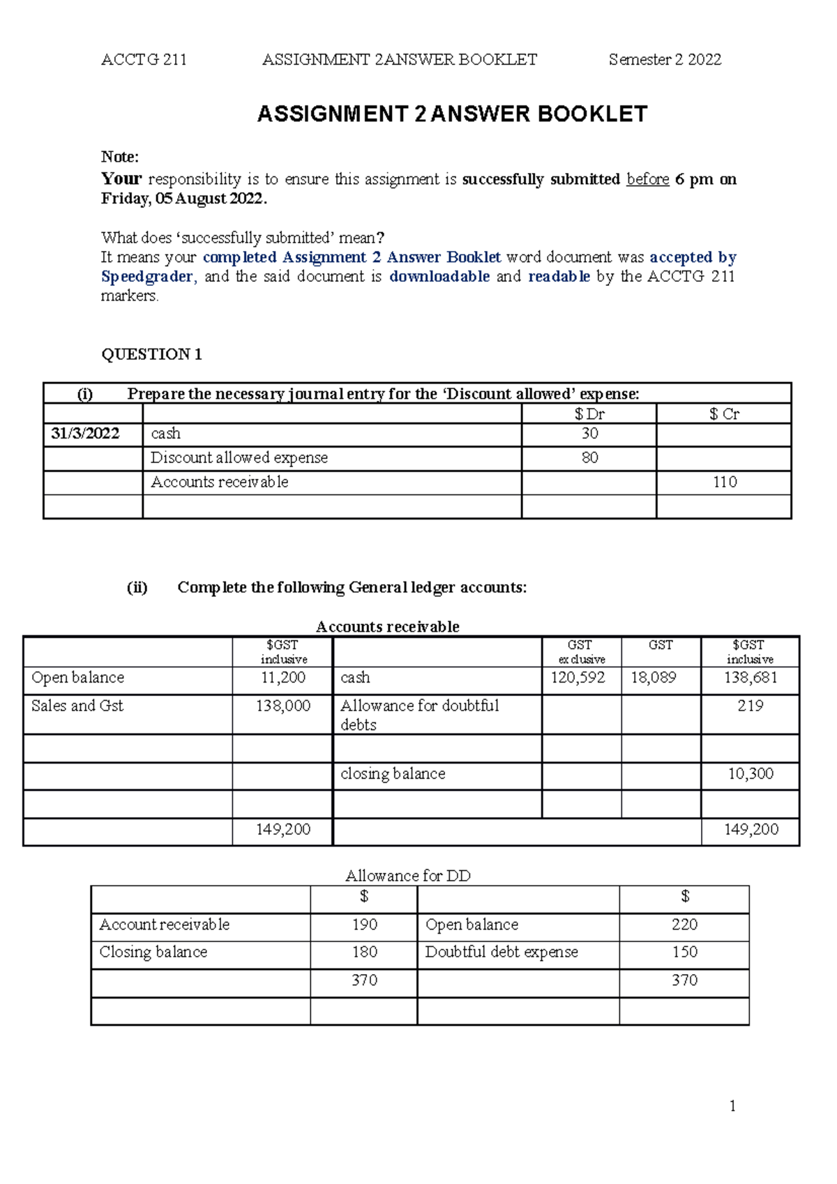 Assignment 2 Answer Booklet - ASSIGNMENT 2 ANSWER BOOKLET Note: Your responsibility is to ensure ...