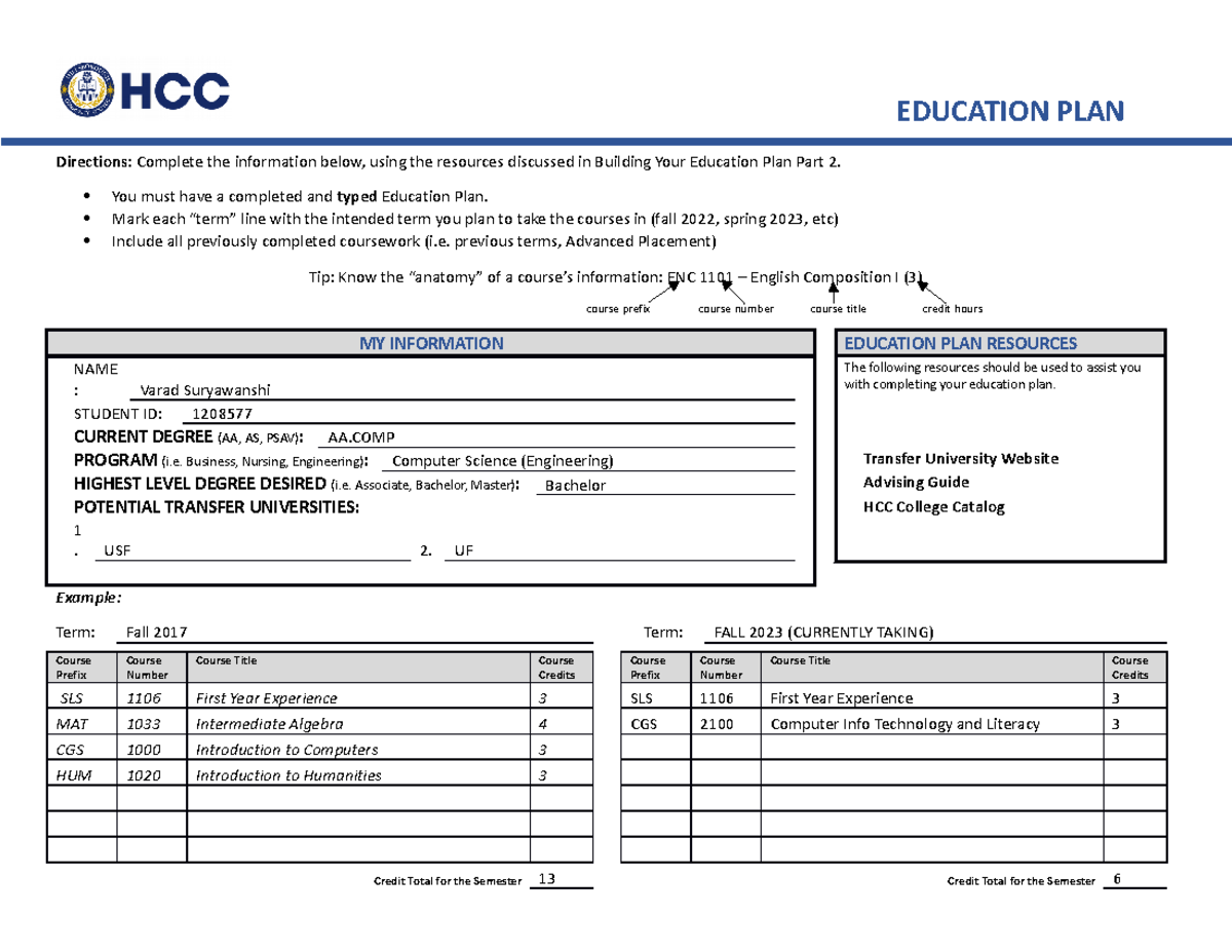 Education Plan For DUK - Directions: Complete the information below ...