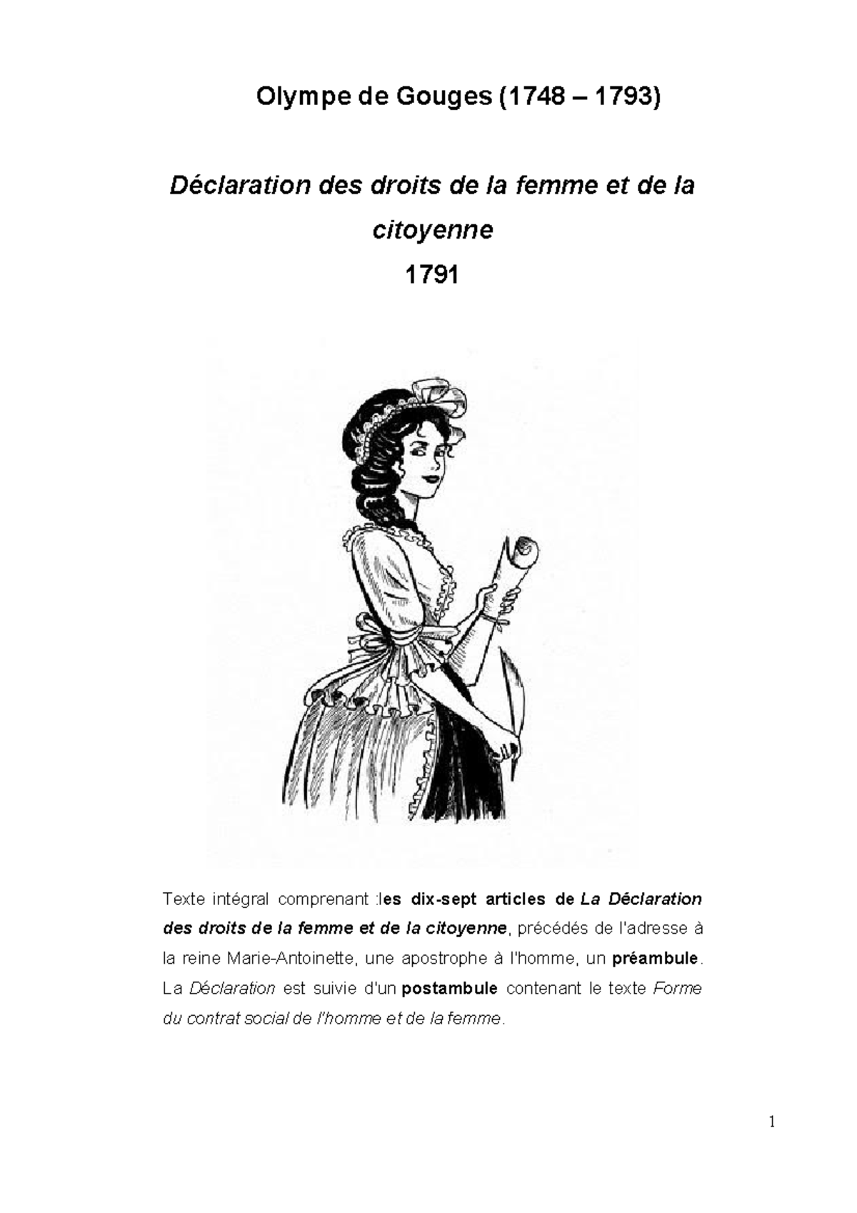 Déclaration olympes de gouges- Texte intégral mis en forme - Olympe de ...