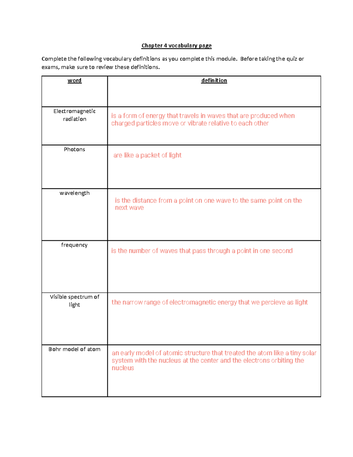 Chapter 4 vocabulary page - Chapter 4 vocabulary page Complete the ...