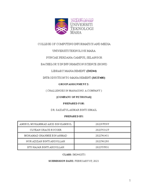 MGT400 Group Assignment 1 ( Petronas) - COLLEGE OF COMPUTING ...