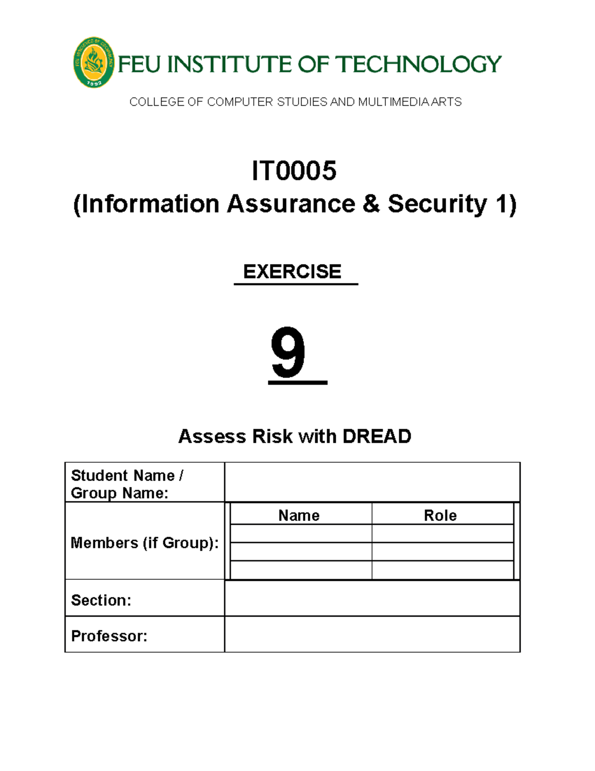IT0005-Laboratory-Exercise-5 - Assess Risk with Dread - COLLEGE OF ...