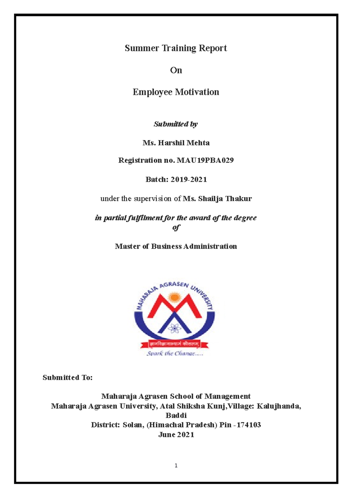 Employee Motivation - Summer Training Report On Employee Motivation ...