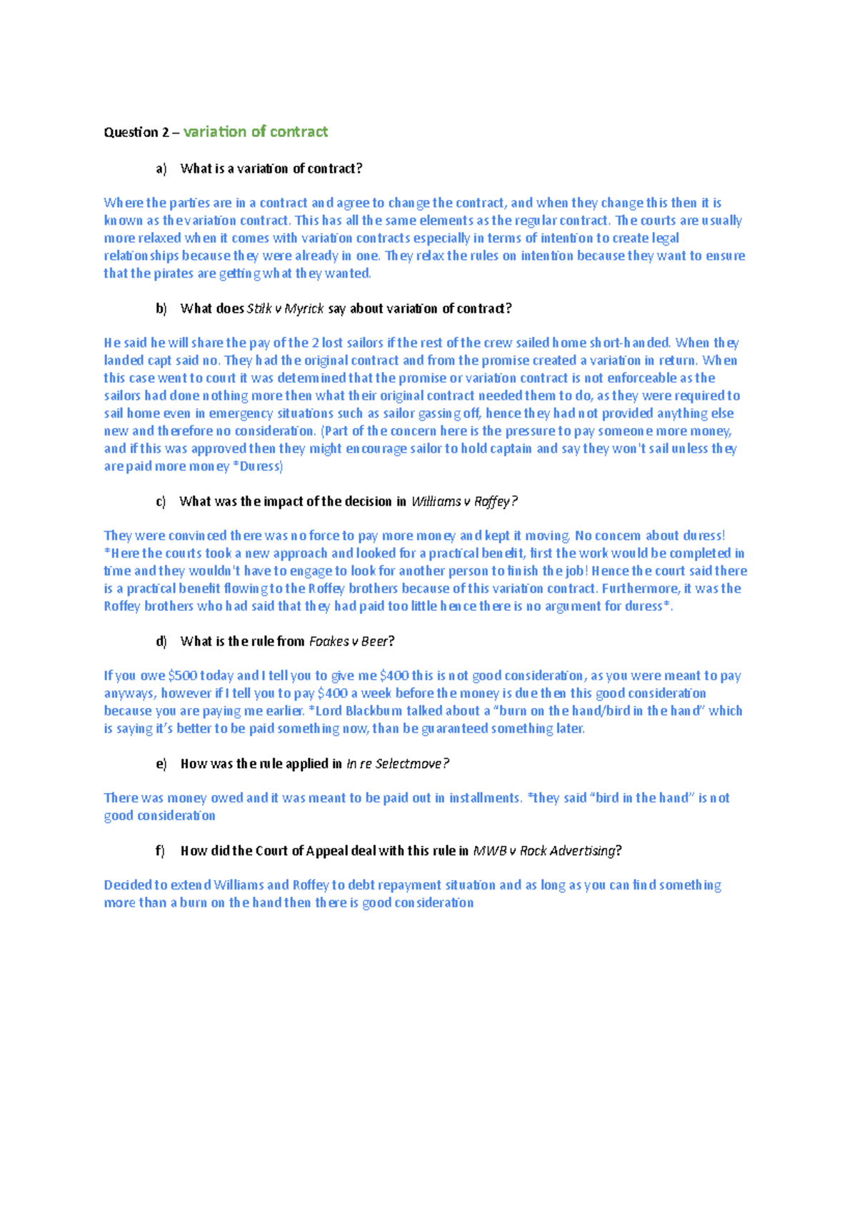 LAWS622 Variation of contract workshop - Question 2 – variation of ...